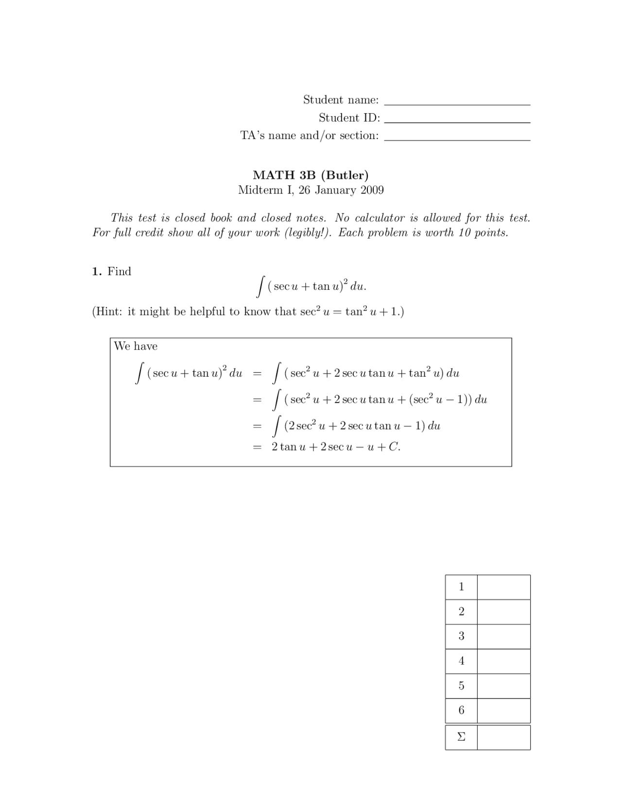 Midterm Exam Solutions For Math 3b Integration And Improper Integrals Exams Mathematics Docsity