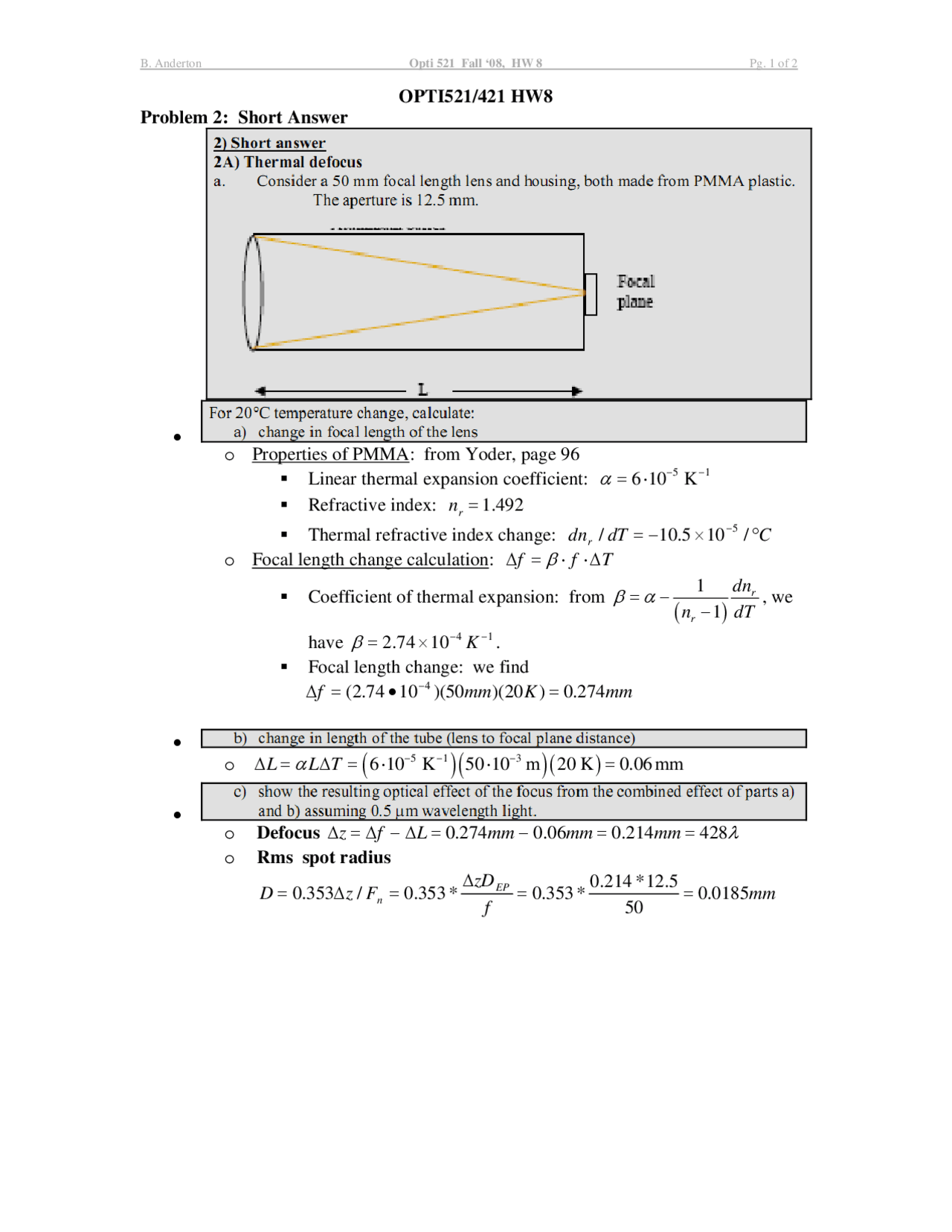 Assignment 8 on Introductory Optomechanical Engineering | OPTI 521 ...
