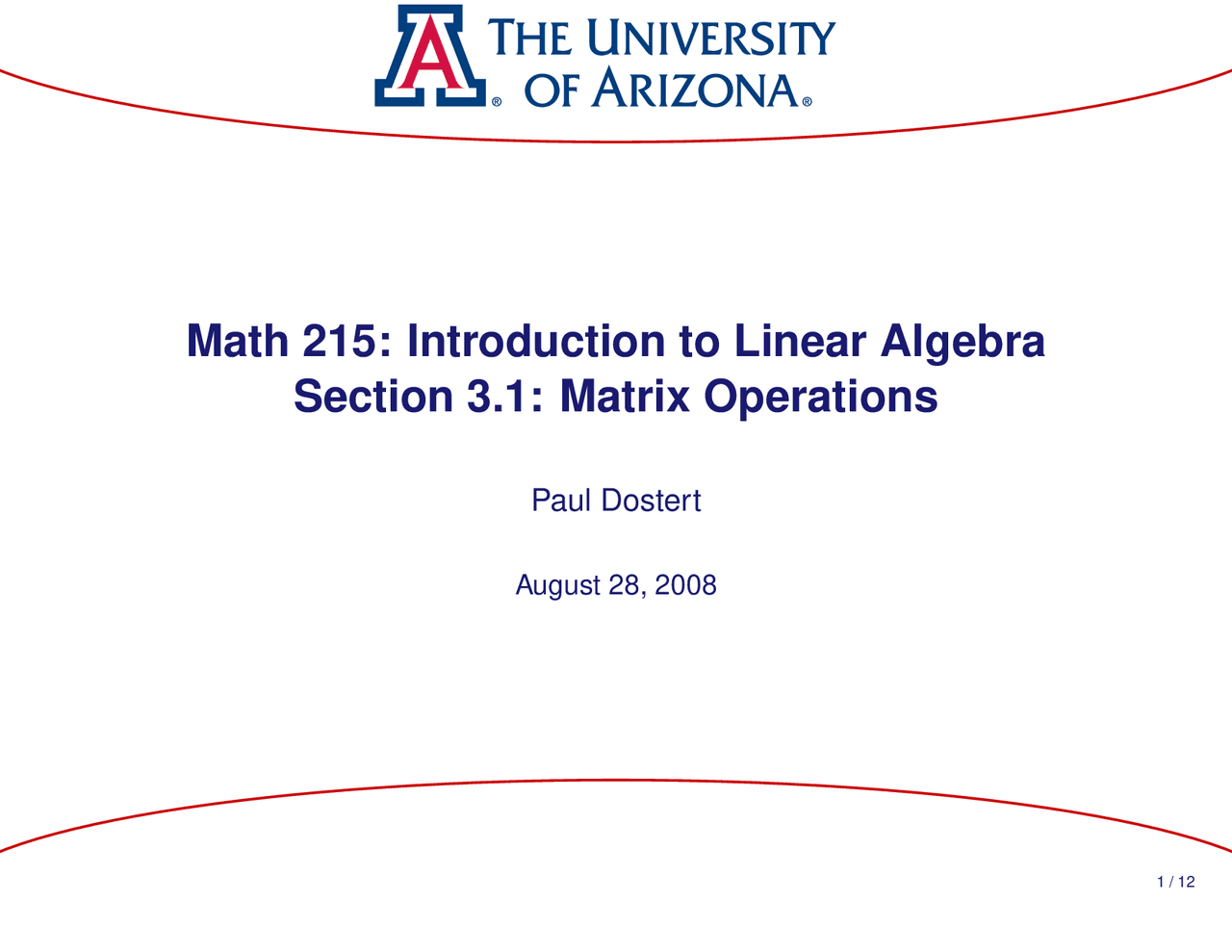Matrix Operations Introduction To Linear Algebra Math 215 Docsity