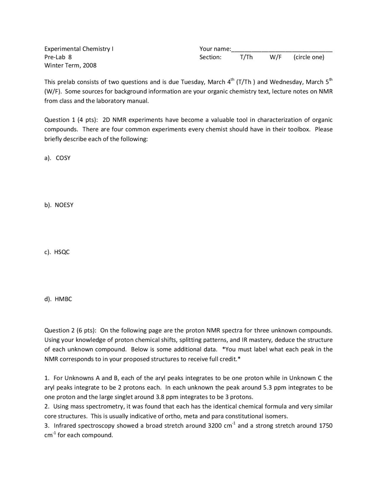 Pre Lab 8 Experimental Chemistry I Ch 361 Docsity