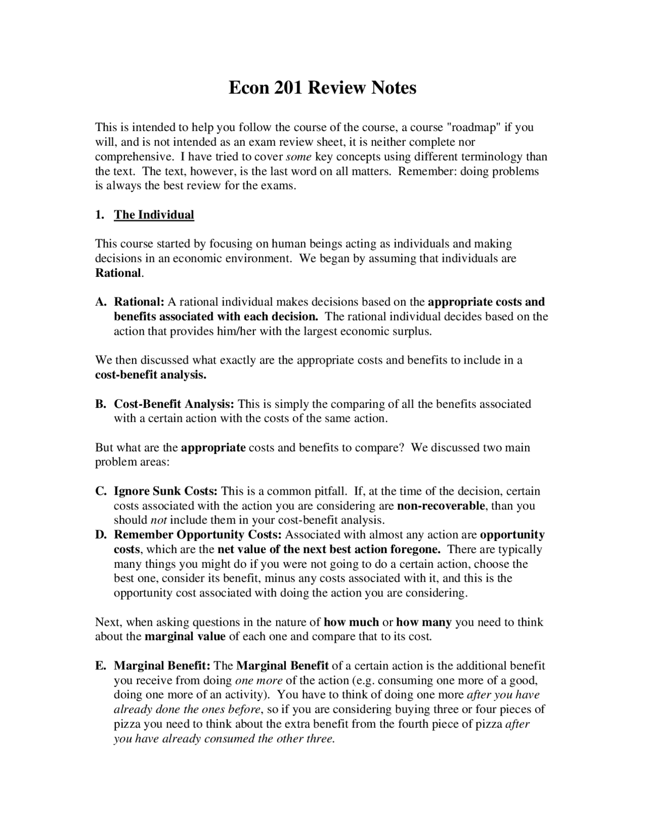 Introduction To Microeconomics Review Sheet Econ 201 Docsity
