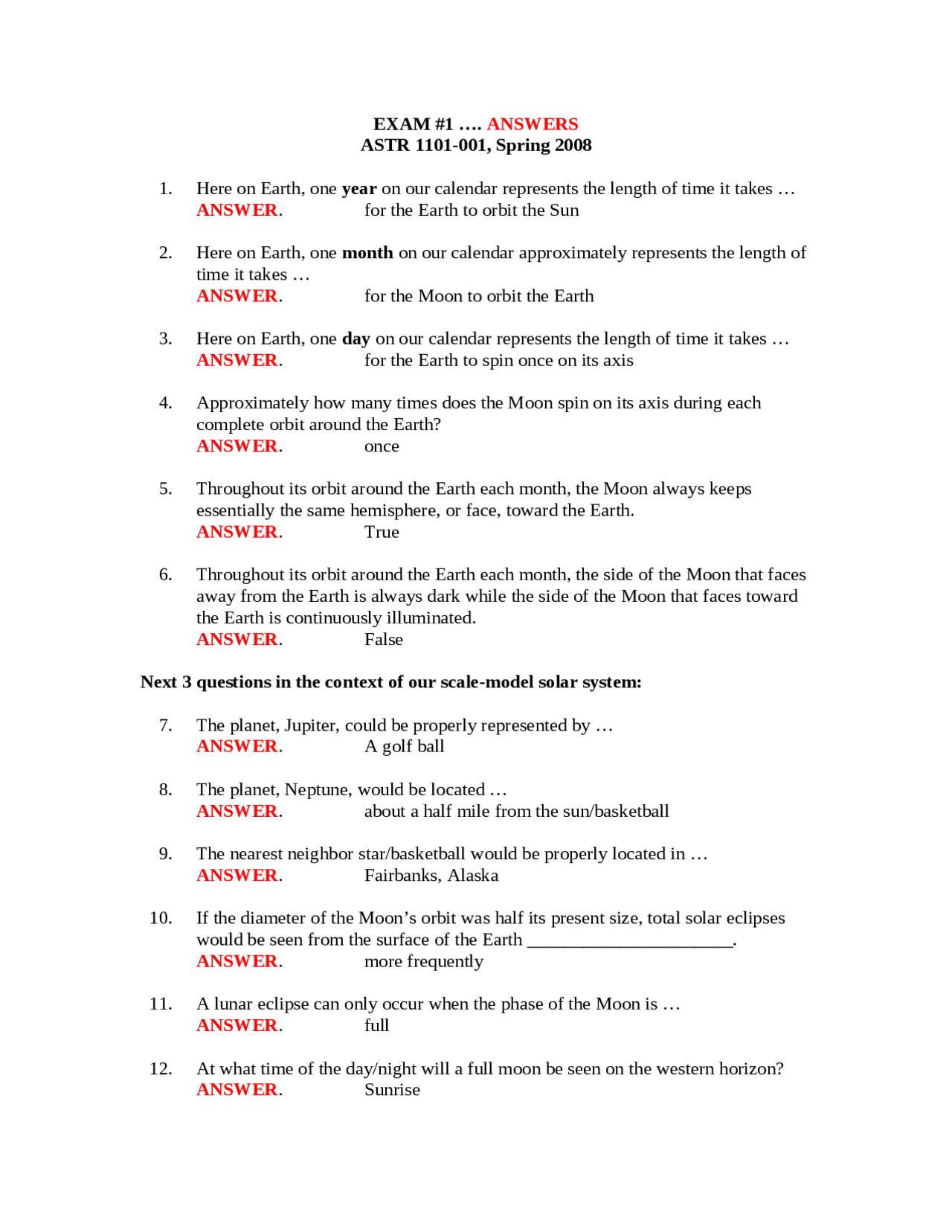 Exam 1 Answers The Solar System Spring 2008 Astr 1101 Docsity