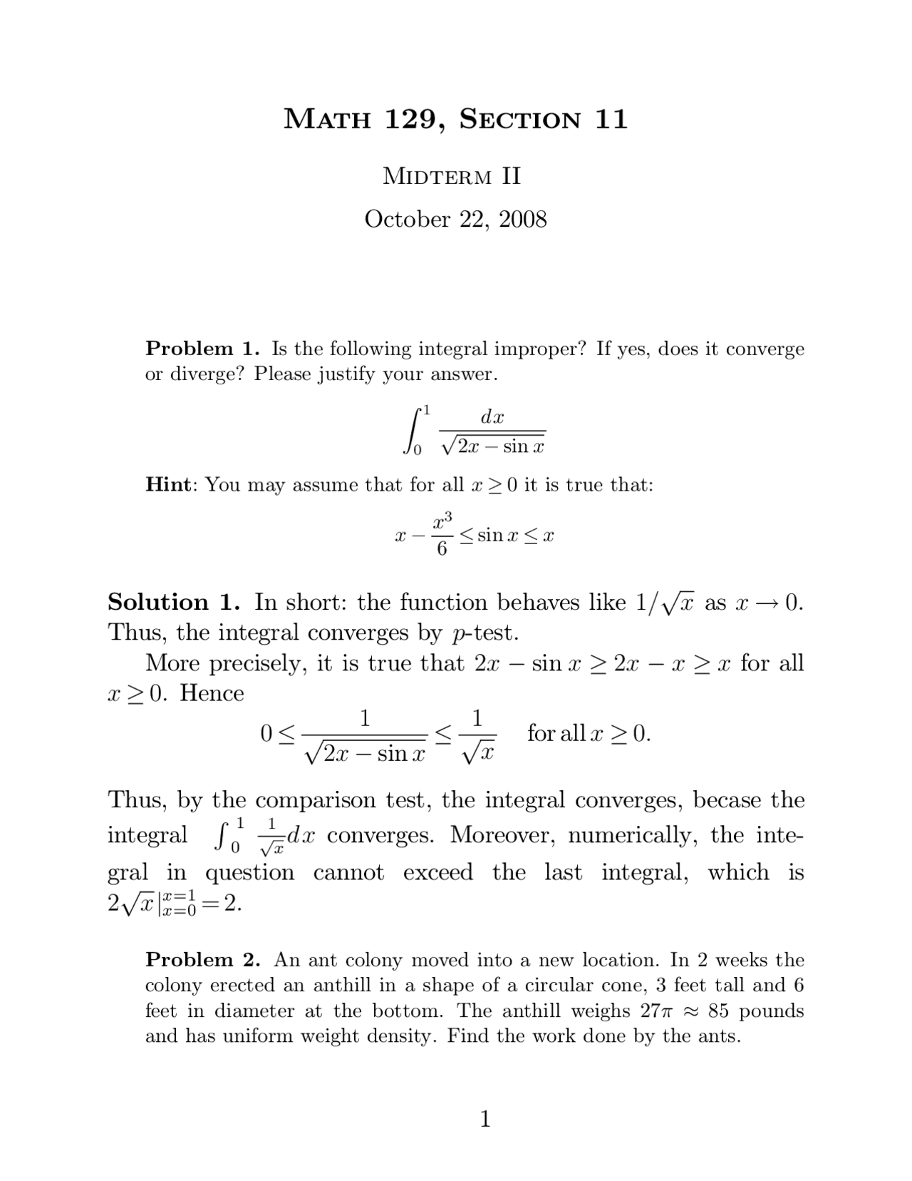 4 Solved Problems On The Improper Integrals Midterm Exam Math 129