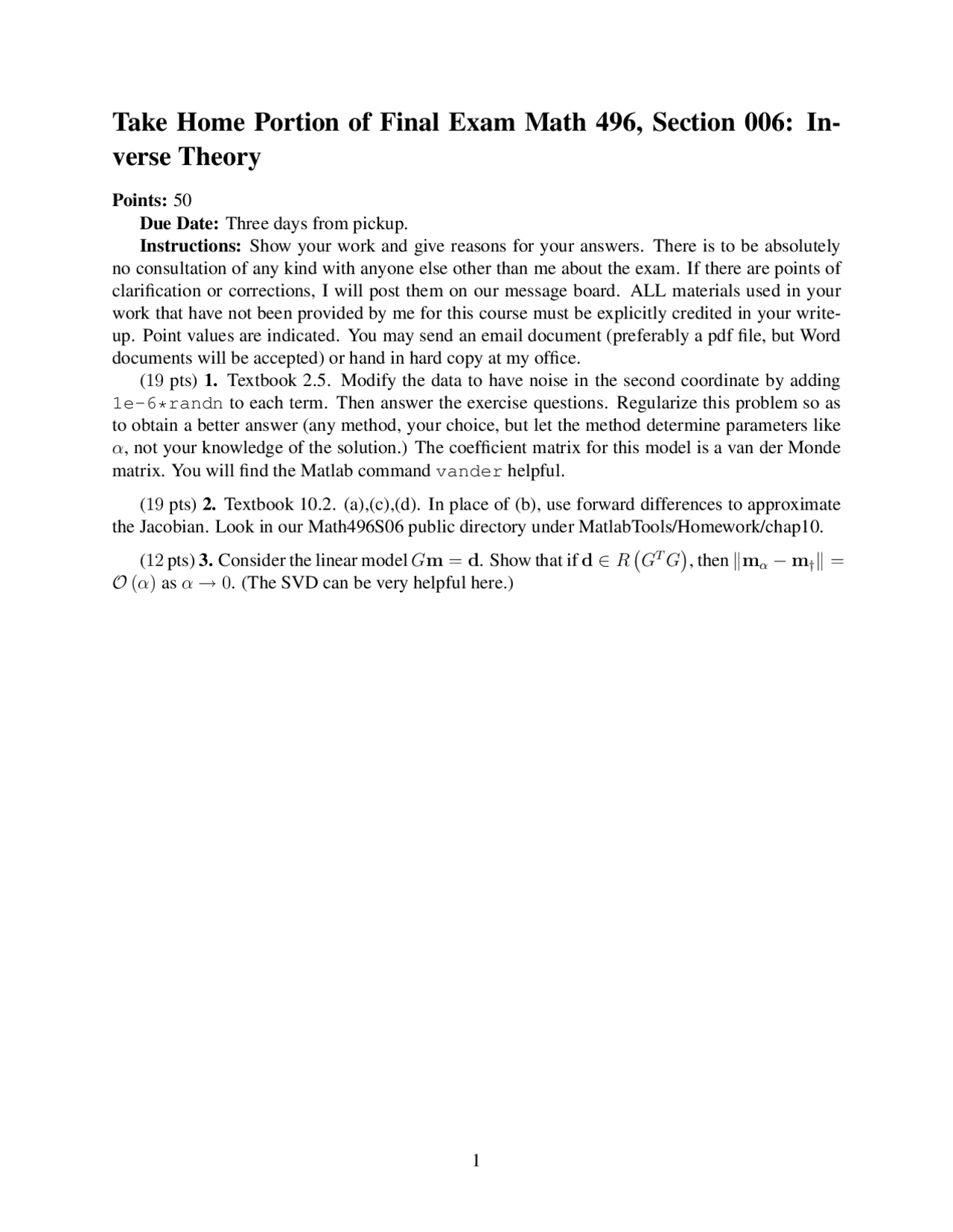 Take Home Exam for Math 496, Section 006: Inverse Theory and Linear Models | Exams Mathematics ...