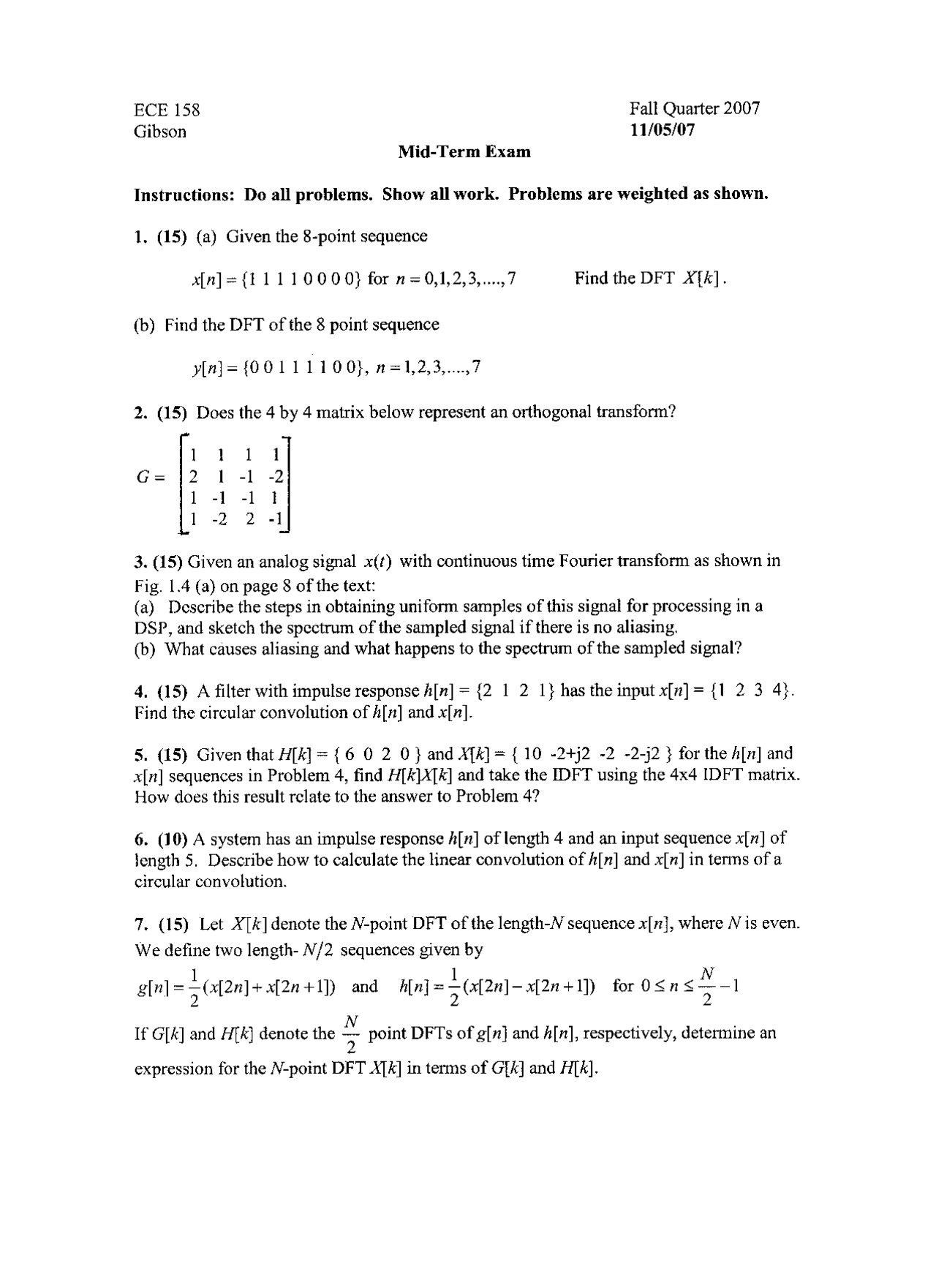 Practice Midterm Exam Digital Signal Processing Ece 158 Docsity