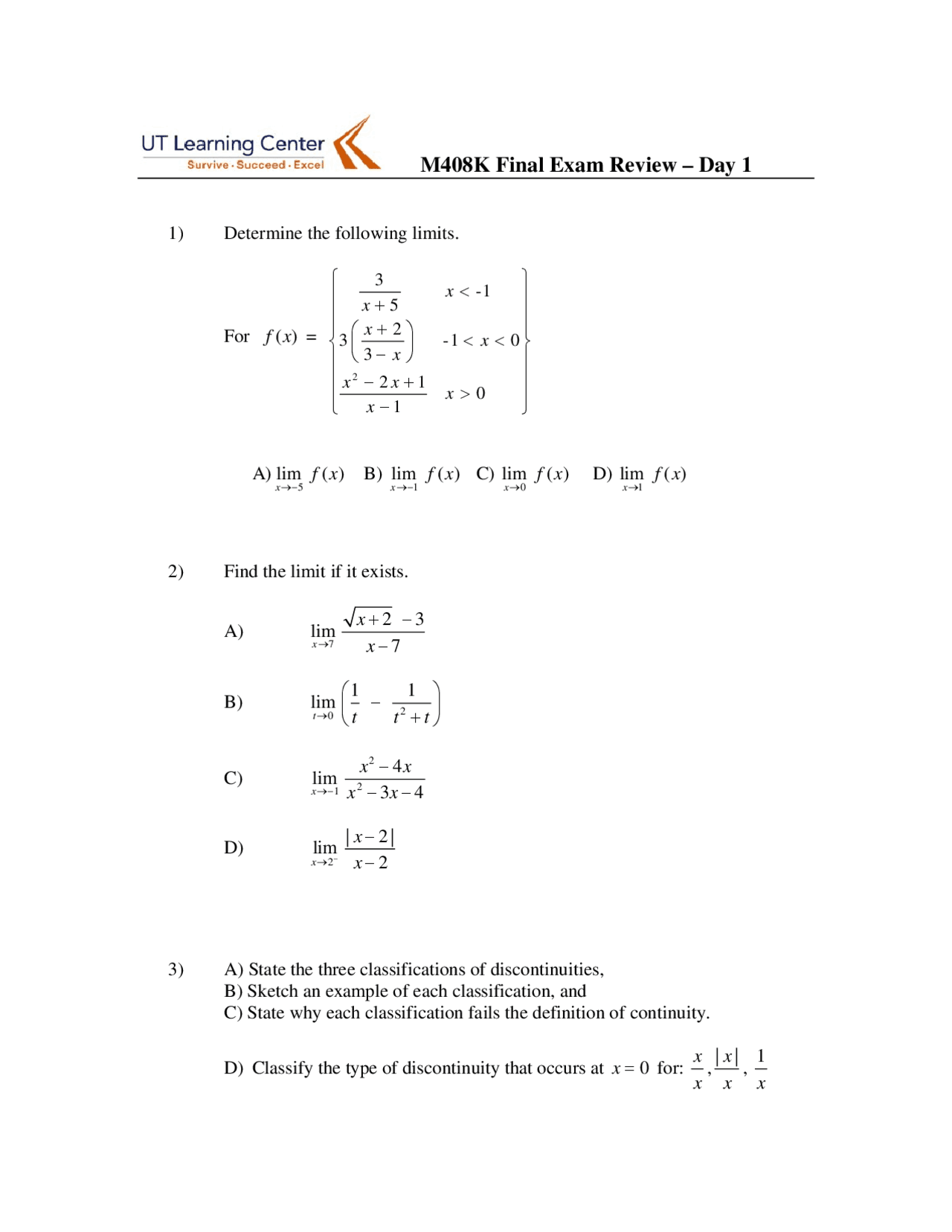 Differential Calculus Final Exam Review Questions M 408k Docsity
