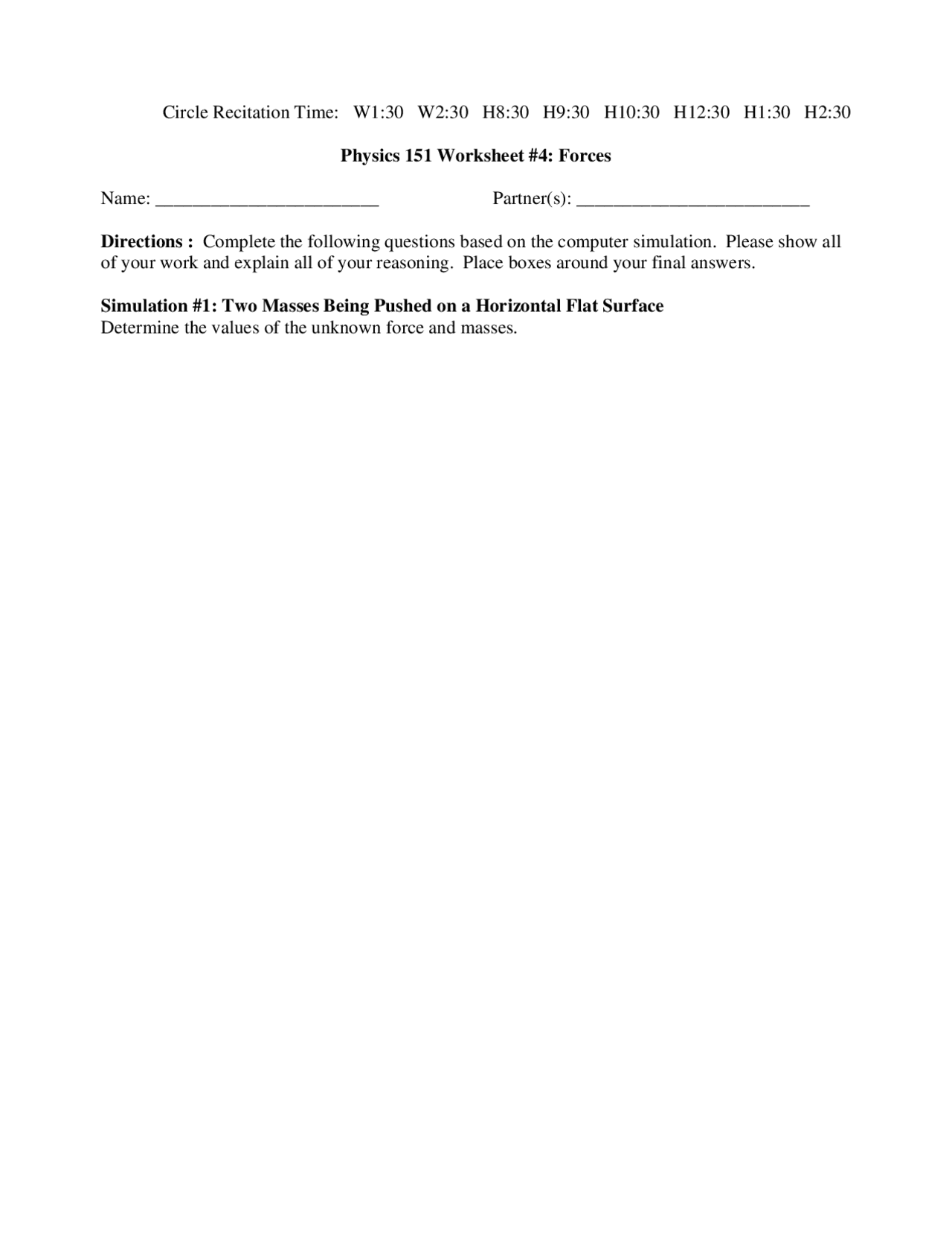 Worksheet 3: Forces - Elements of Physics | PHYS 151 - Docsity