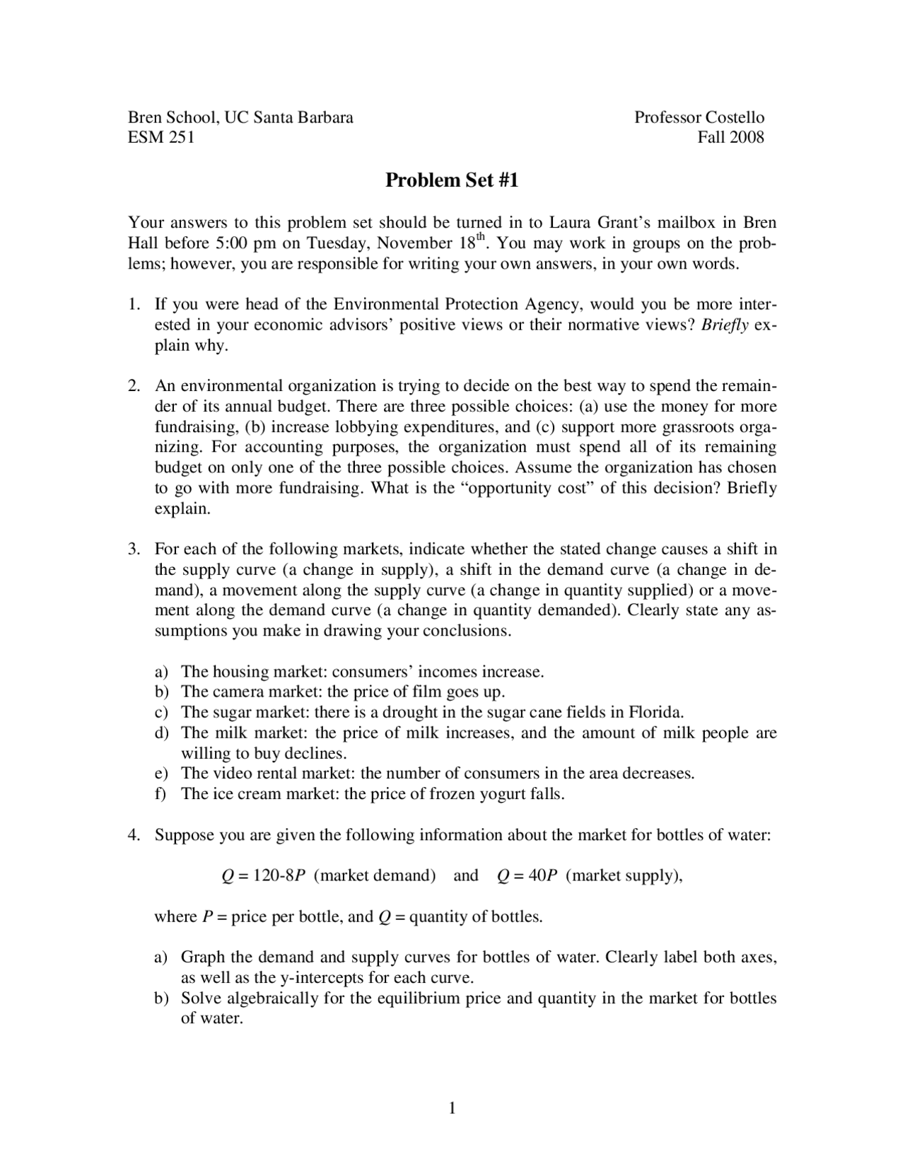 Introduction To Policy Analysis Problem Set 1 Esm 251 Docsity