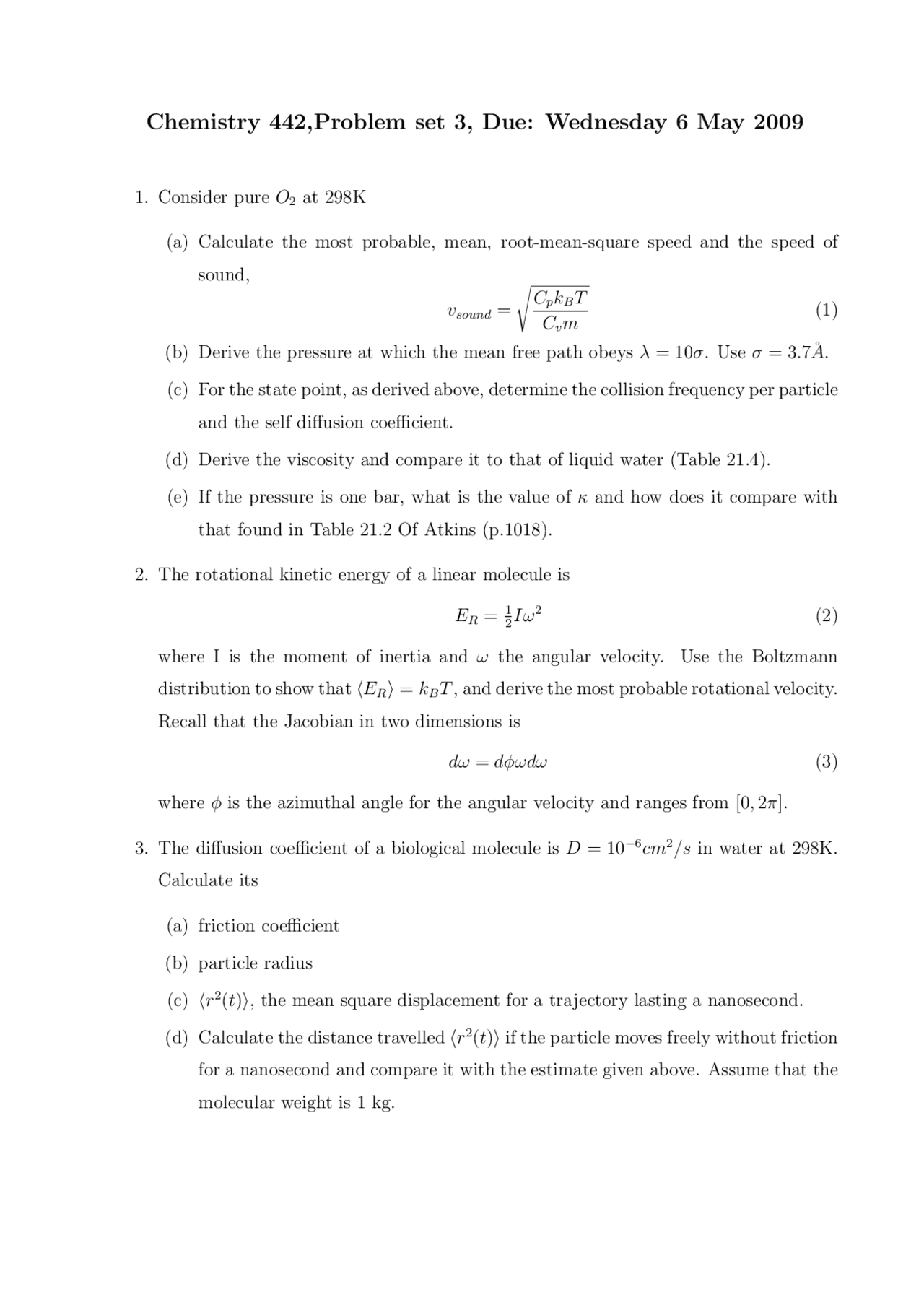 Problem Set 3 Physical Chemistry Ch 440 Docsity