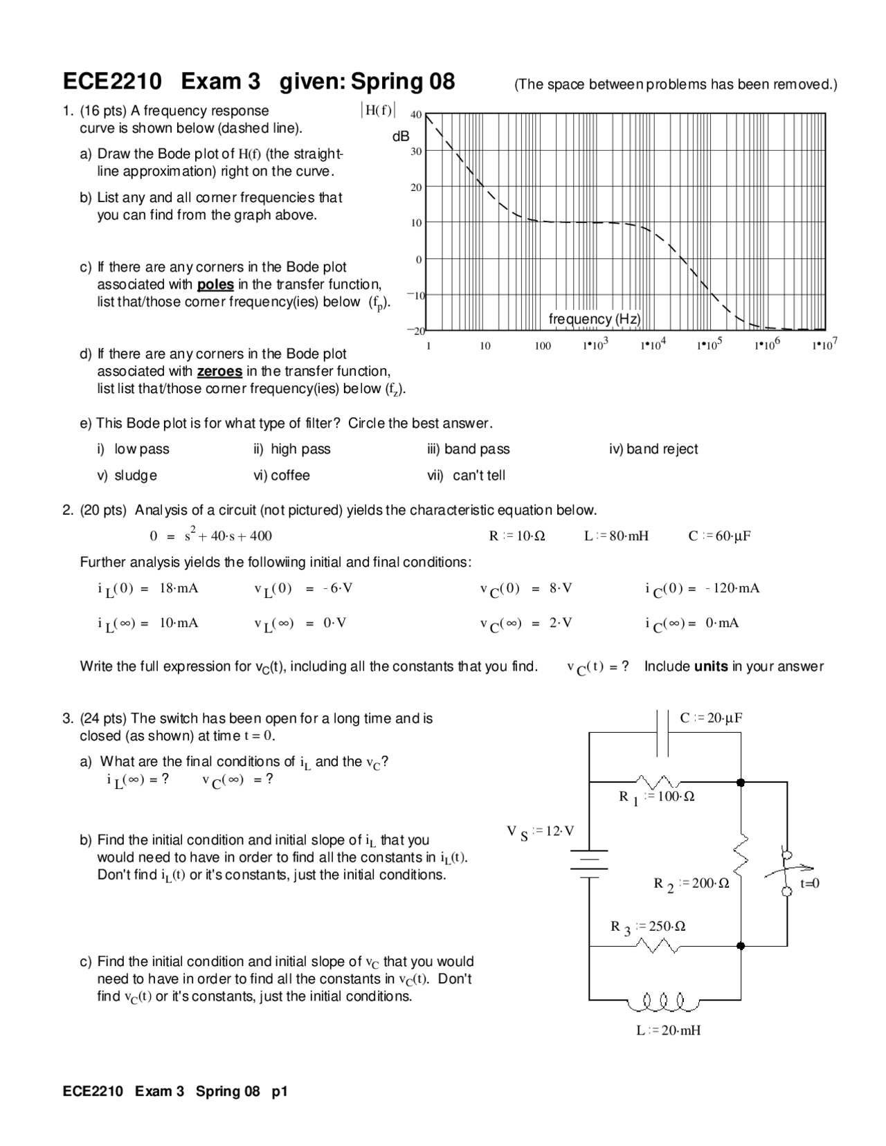 5 Solved Questions on the Transfer Functions - Exam 3 | ECE 2210 | Exams Electrical and ...