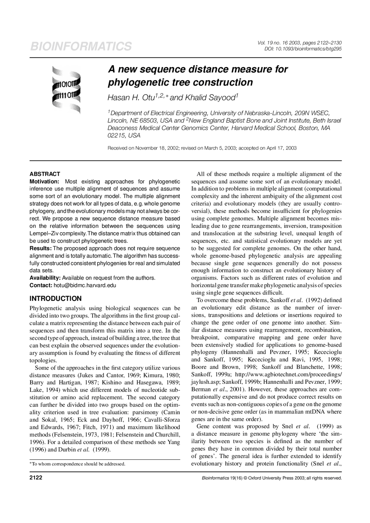 New Sequence Distance Measure For Phylogenetic Tree Construction Csc