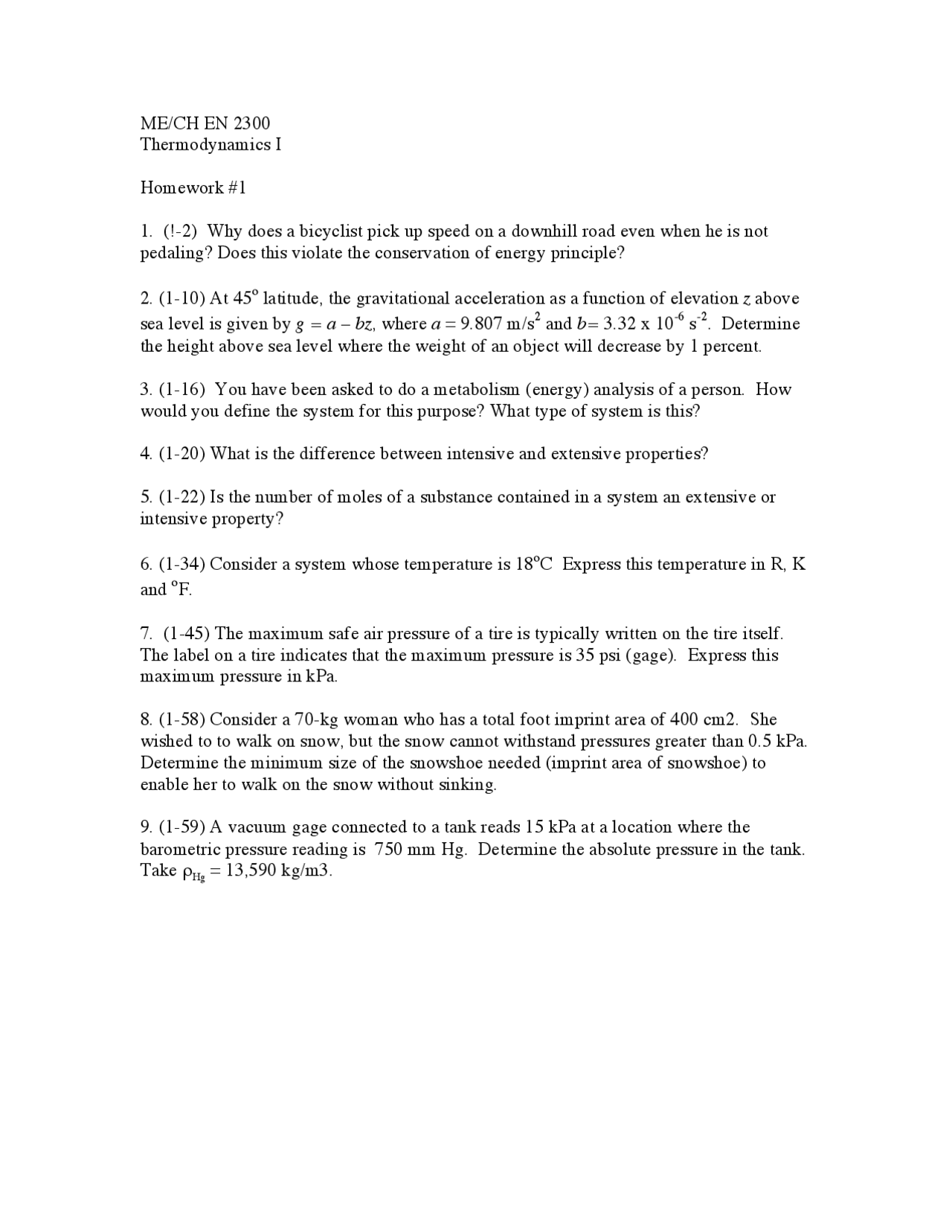 9 Questions For Assignment 1 Thermodynamics I Ch En 2300 Docsity