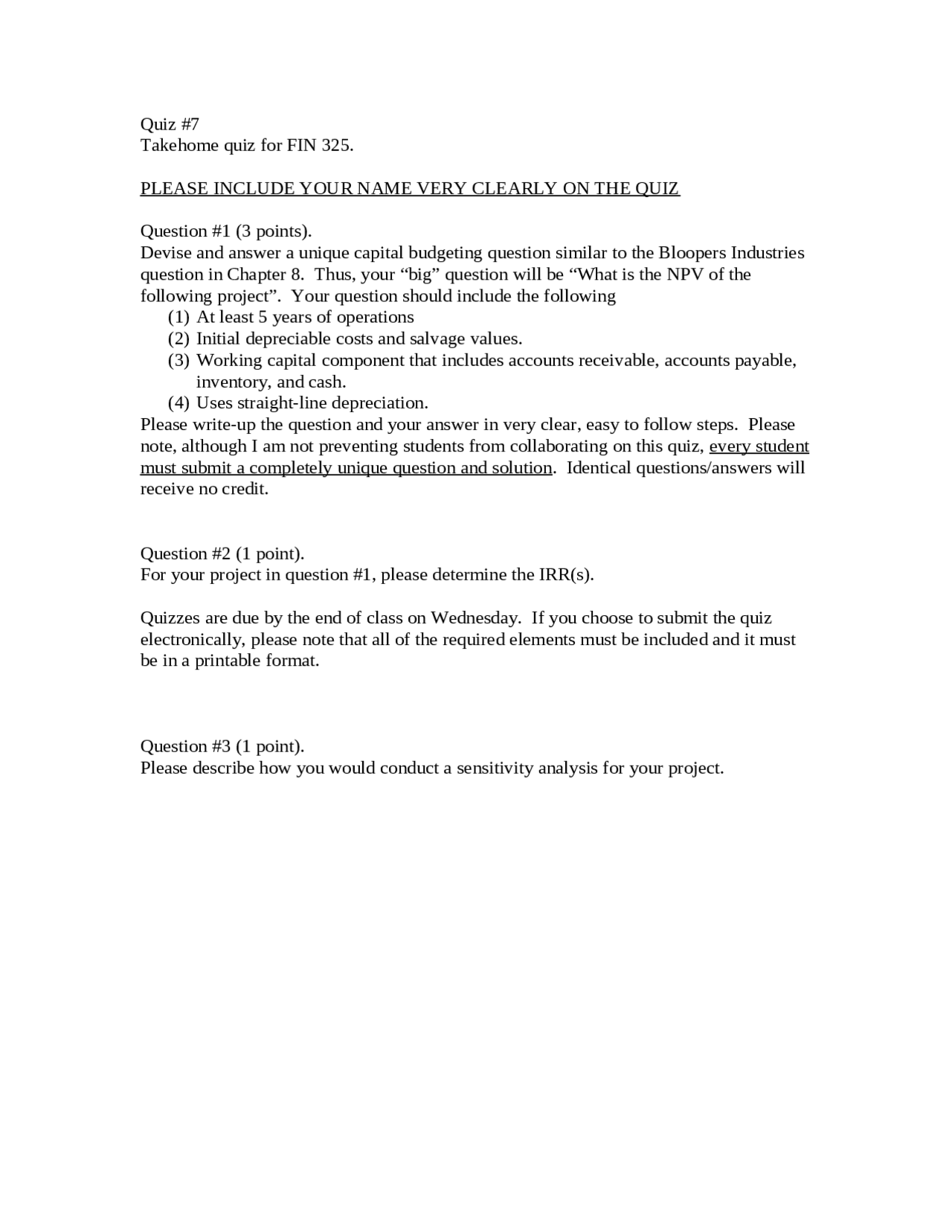 Quiz 7 Practice Questions Introduction To Financial Management Fin