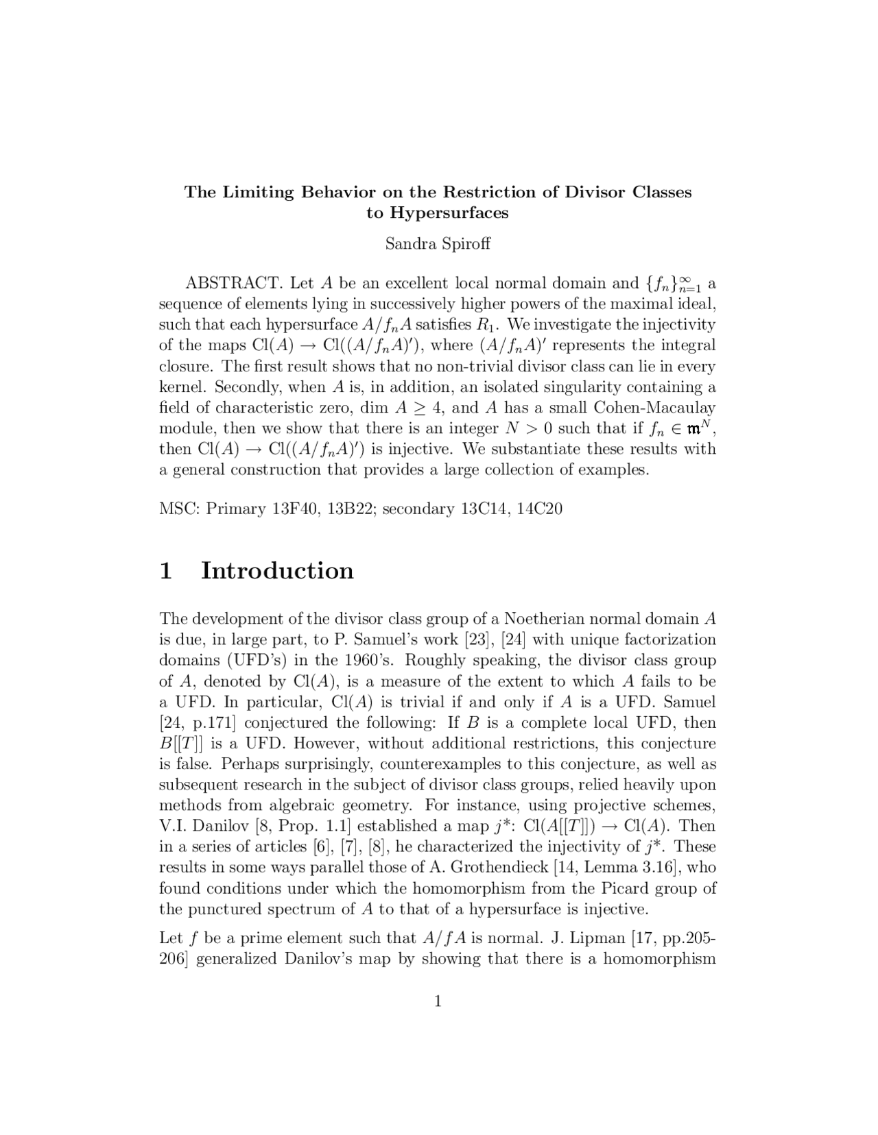 The Limiting Behavior on the Restriction of Divisor Classes to ...