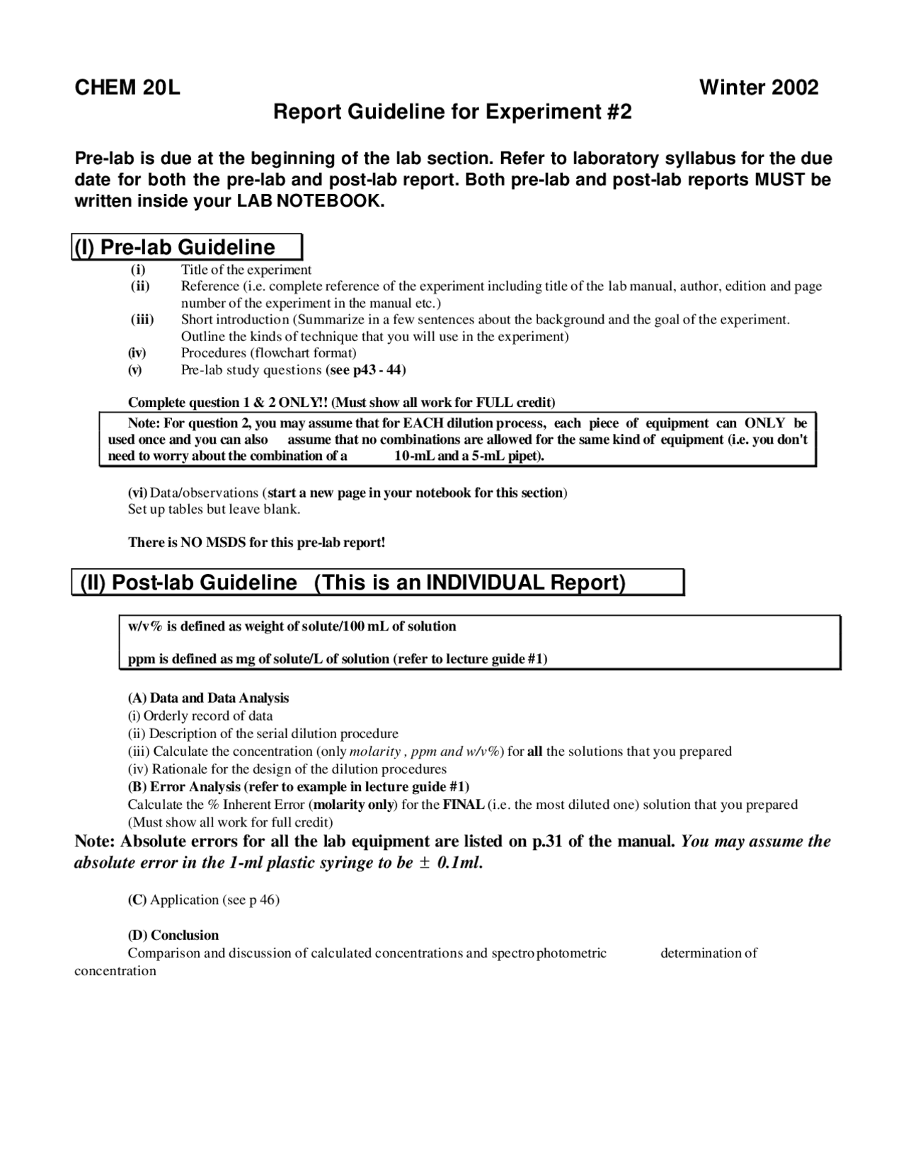 Experiment #2 Report Guideline for CHEM 20L Winter 2002 | Lab Reports ...