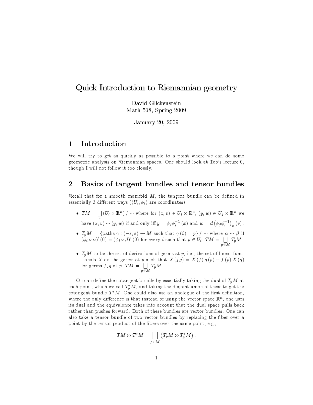Quick Introduction to Riemannian Geometry | MATH 538 - Docsity