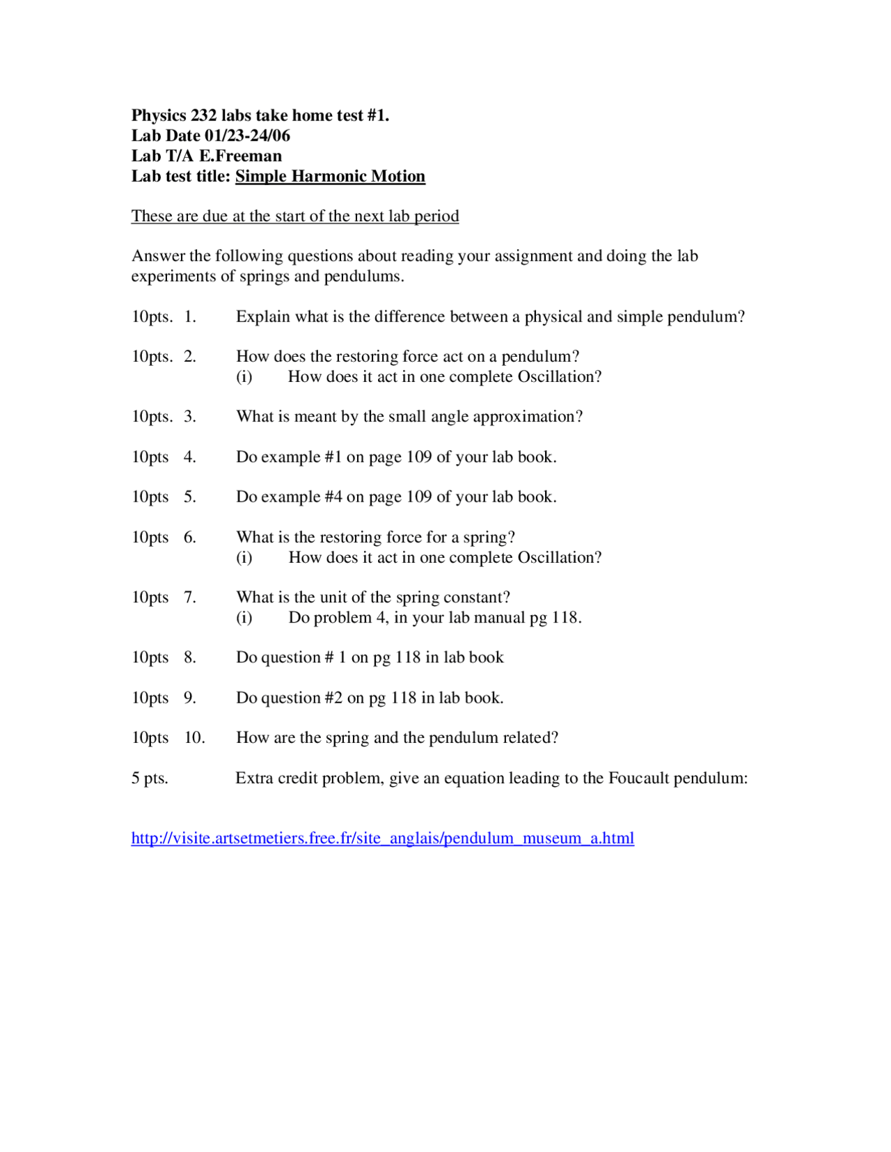 Simple Harmonic Motion - Lab Test 1 | PHYS 232 - Docsity
