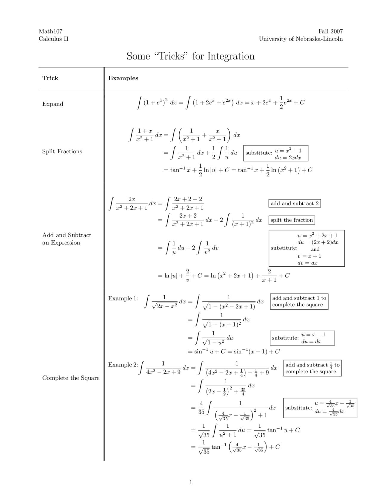 Some Tricks For Integration Lecture Notes Math 107 Docsity