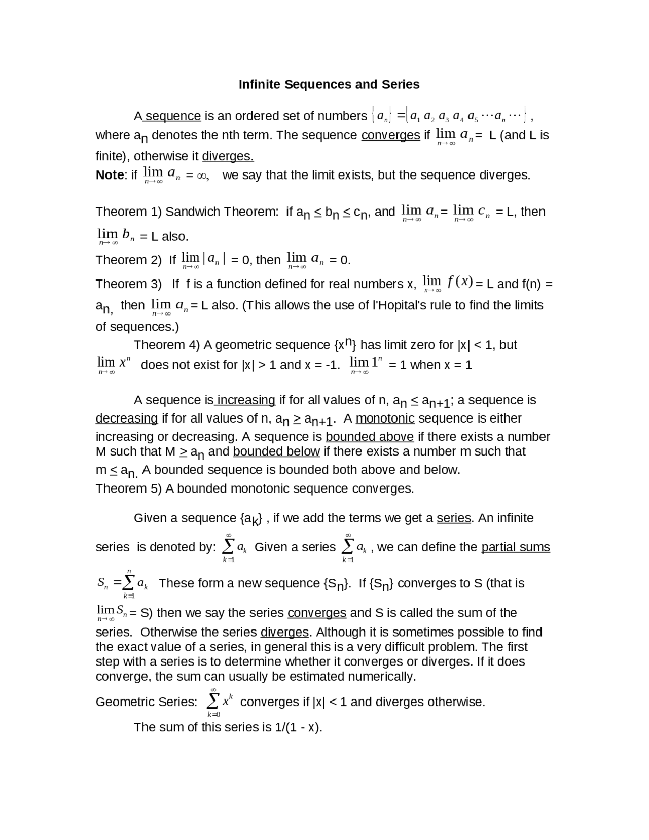 Notes on Infinite Sequences and Series | Calculus II | MATH 142 - Docsity