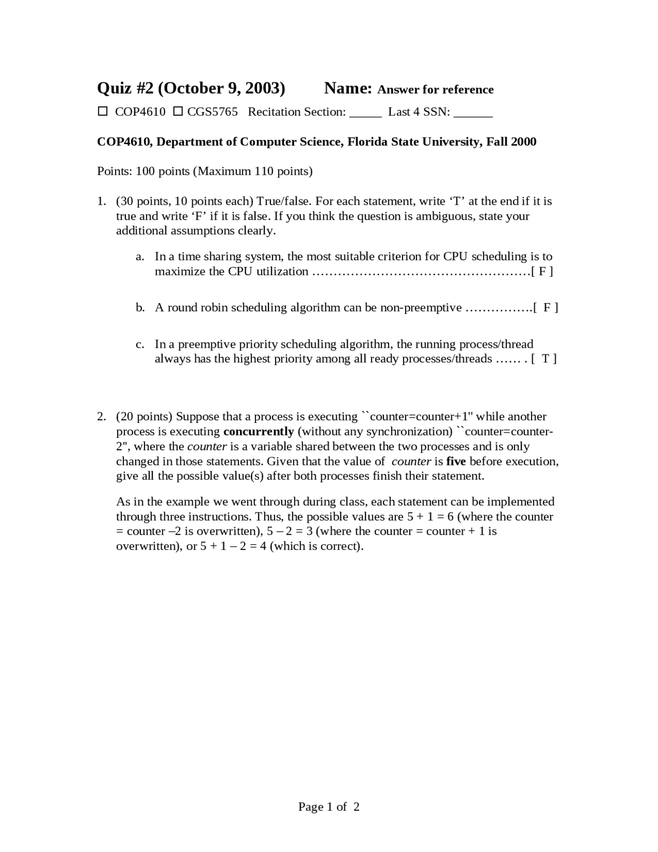 Quiz 2 With Answers Operating Systems Cop 4610 Docsity