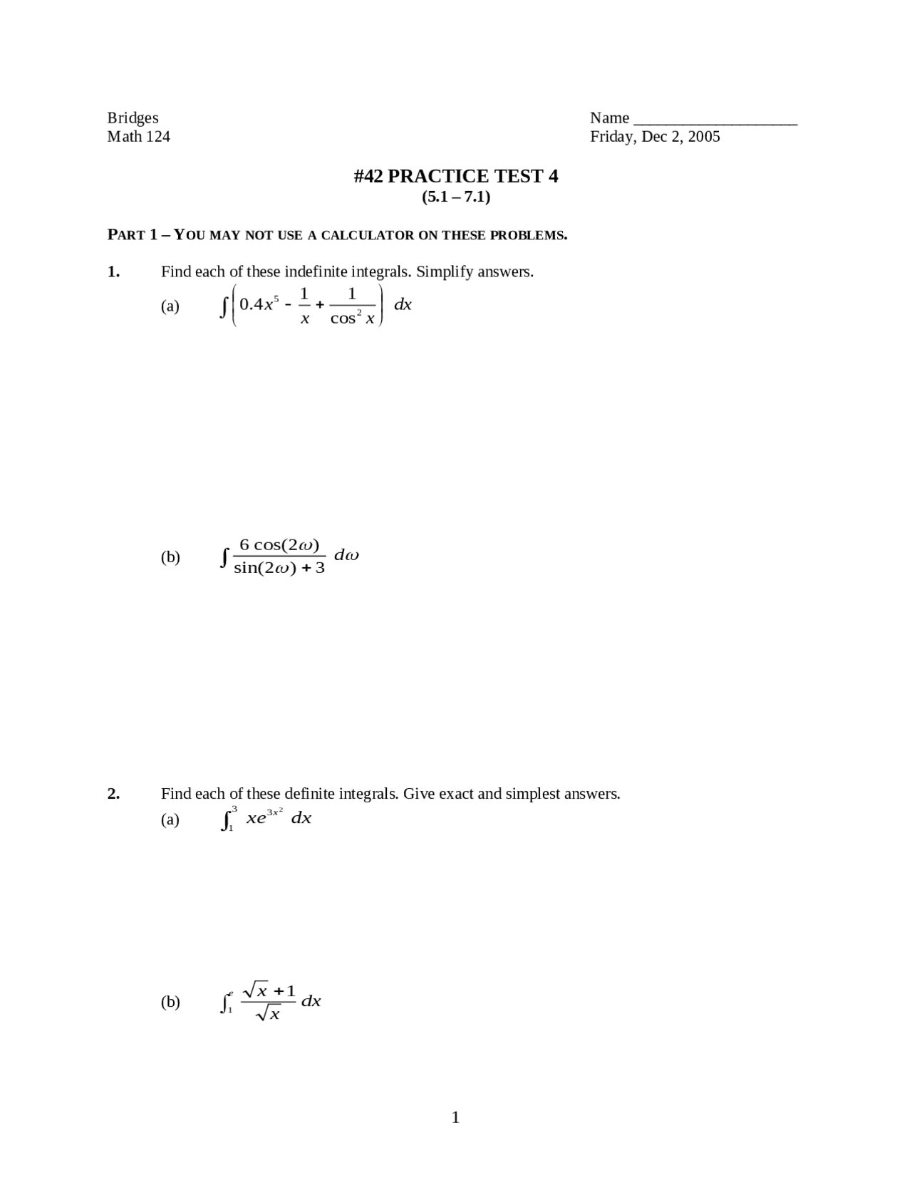 7 Questions On Indefinite Integrals Examination 5 Math 124 Docsity
