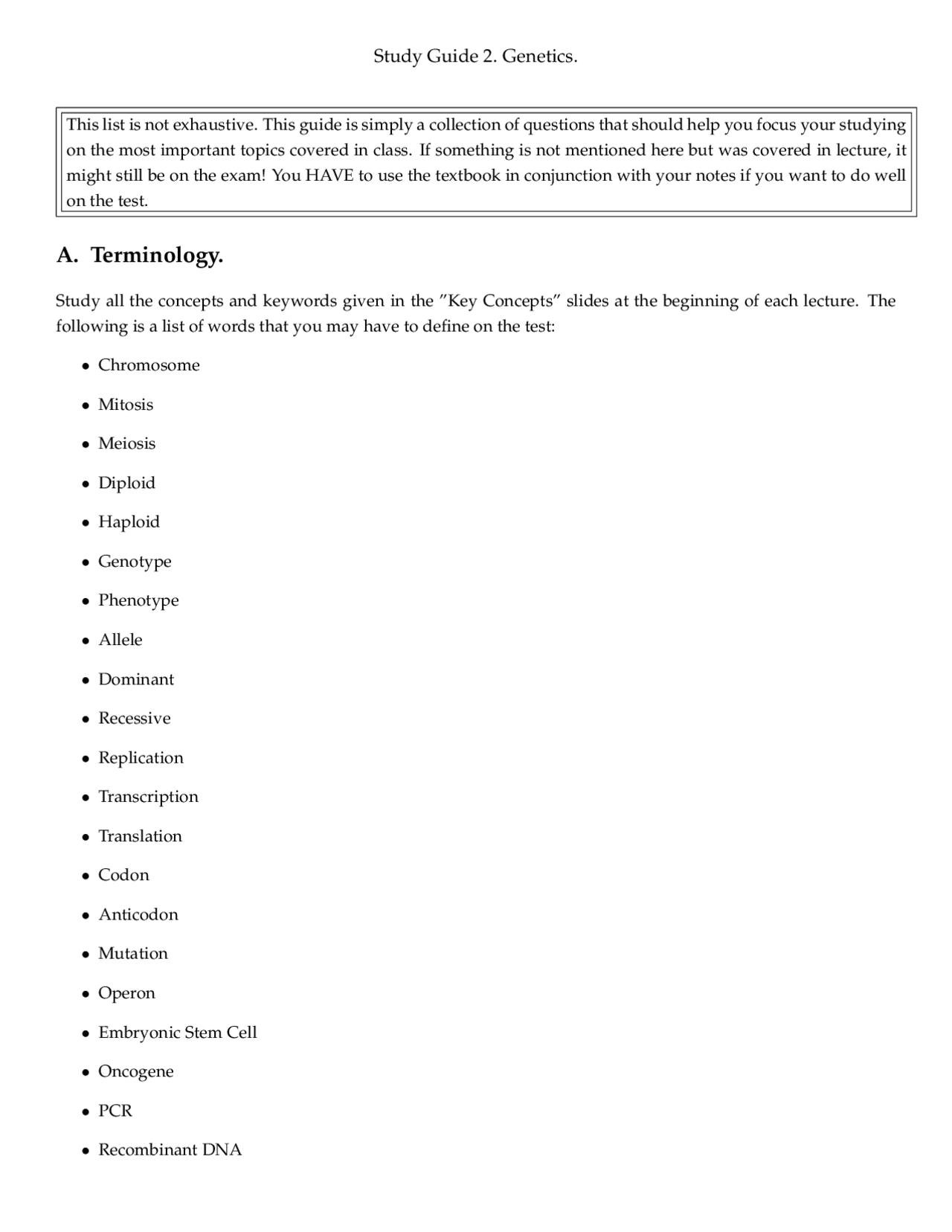 Study Guide 2 for Exam - Genetics - General Biology | BIO 101N - Docsity