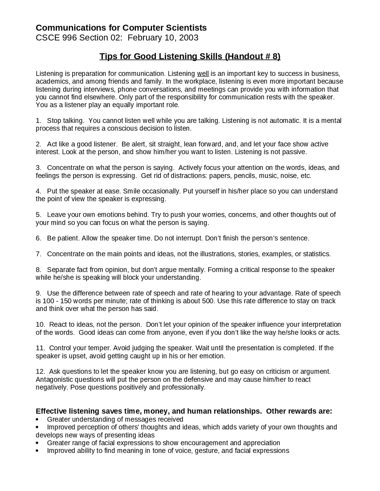 Tips For Good Listening Skills Lecture Notes Csce 996 Docsity