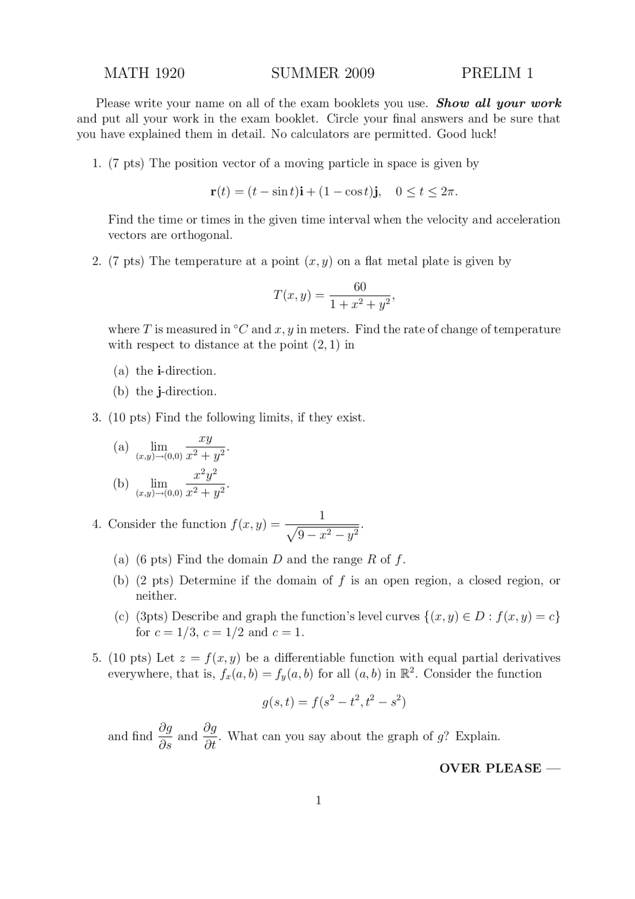 Limits, Functions - Questions - Multivariable Calculus Engineers | MATH 1920 - Docsity