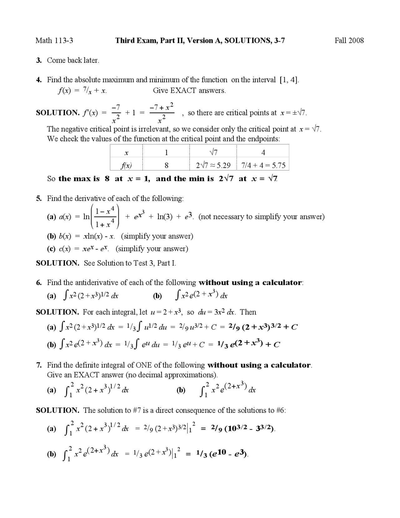 Solved 4 Questions of Elements of Calculus - Exam 3 | MATH 113 - Docsity