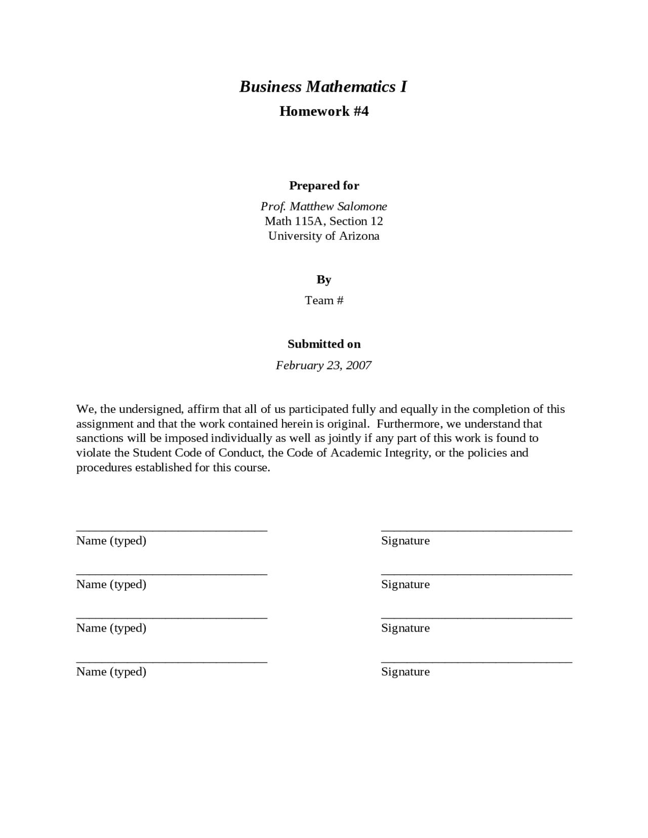 Homework 4 Questions For Business Mathematics I Math 115a Docsity