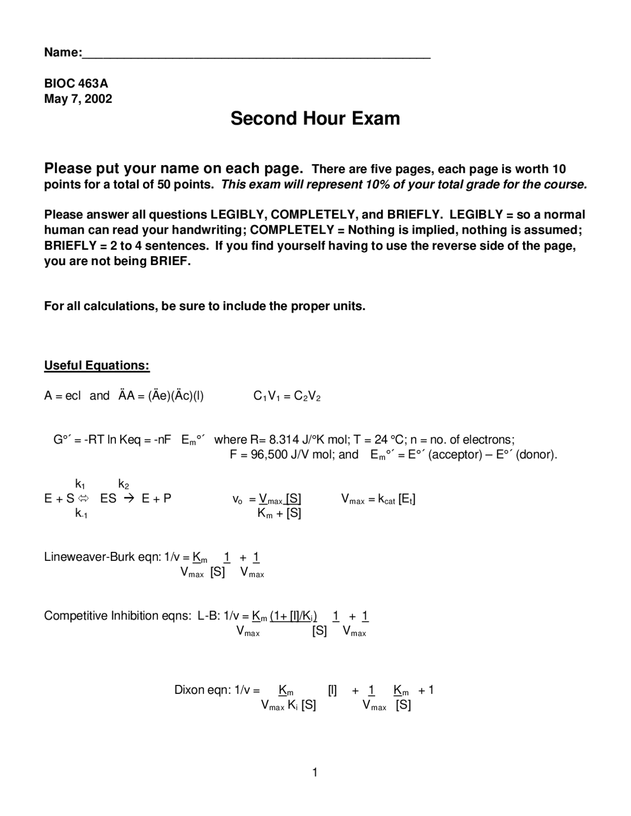 Second Hour Exam 2 Biochemical Laboratory Techniques Bioc 463a