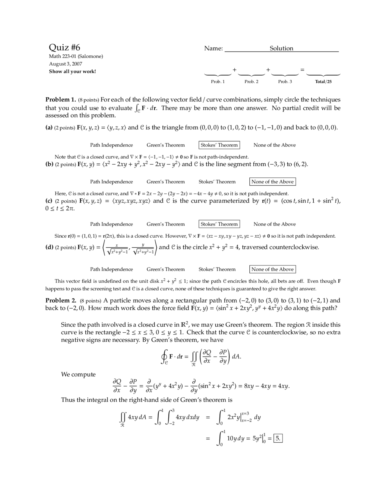 Quiz 6 With Solution For Vector Calculus Math 223 Docsity