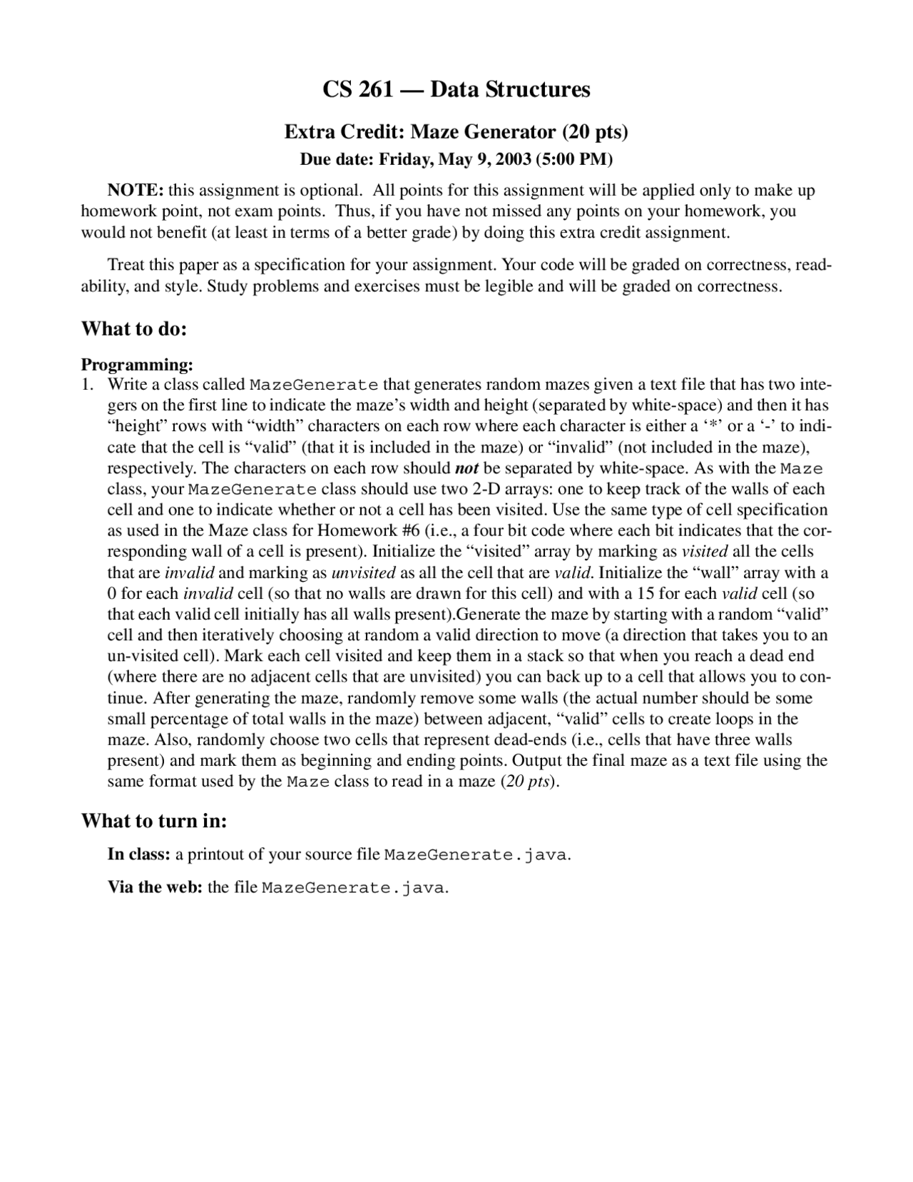 Maze Generator - Data Structures - Assignment 6 | CS 261 - Docsity