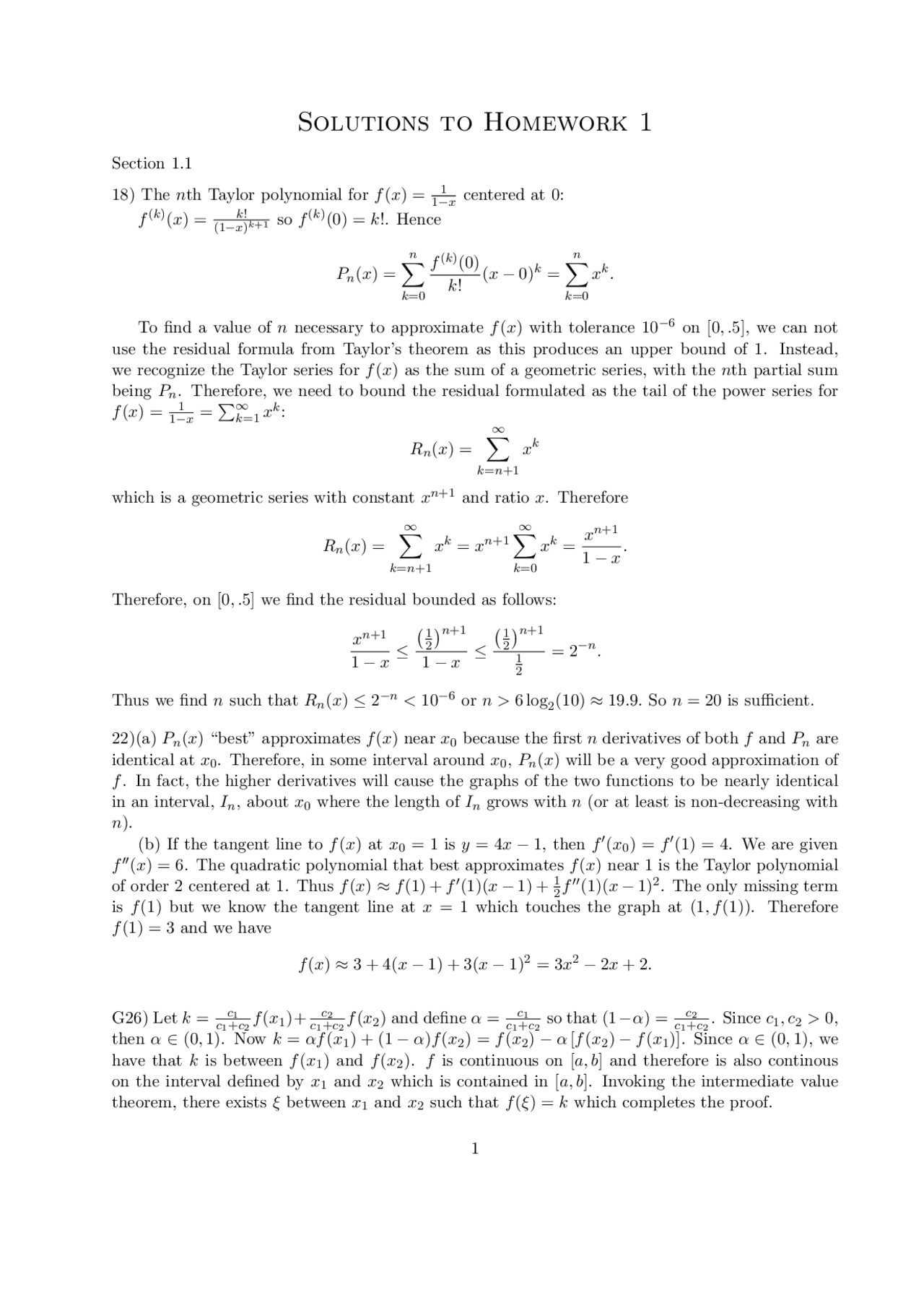 Solutions For Homework 1 Introduction To Numerical Analysis I Math