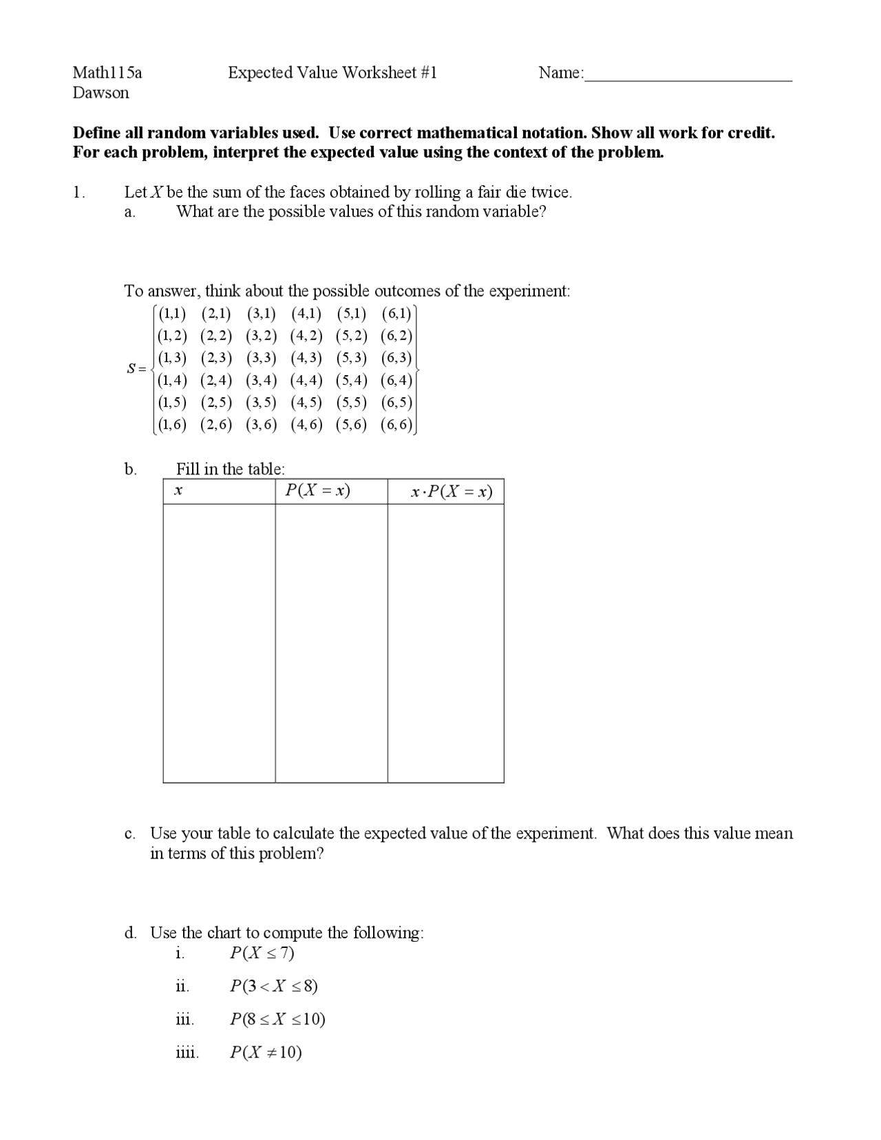Expected Value Worksheet I For Business Mathematics I Math 115a Docsity
