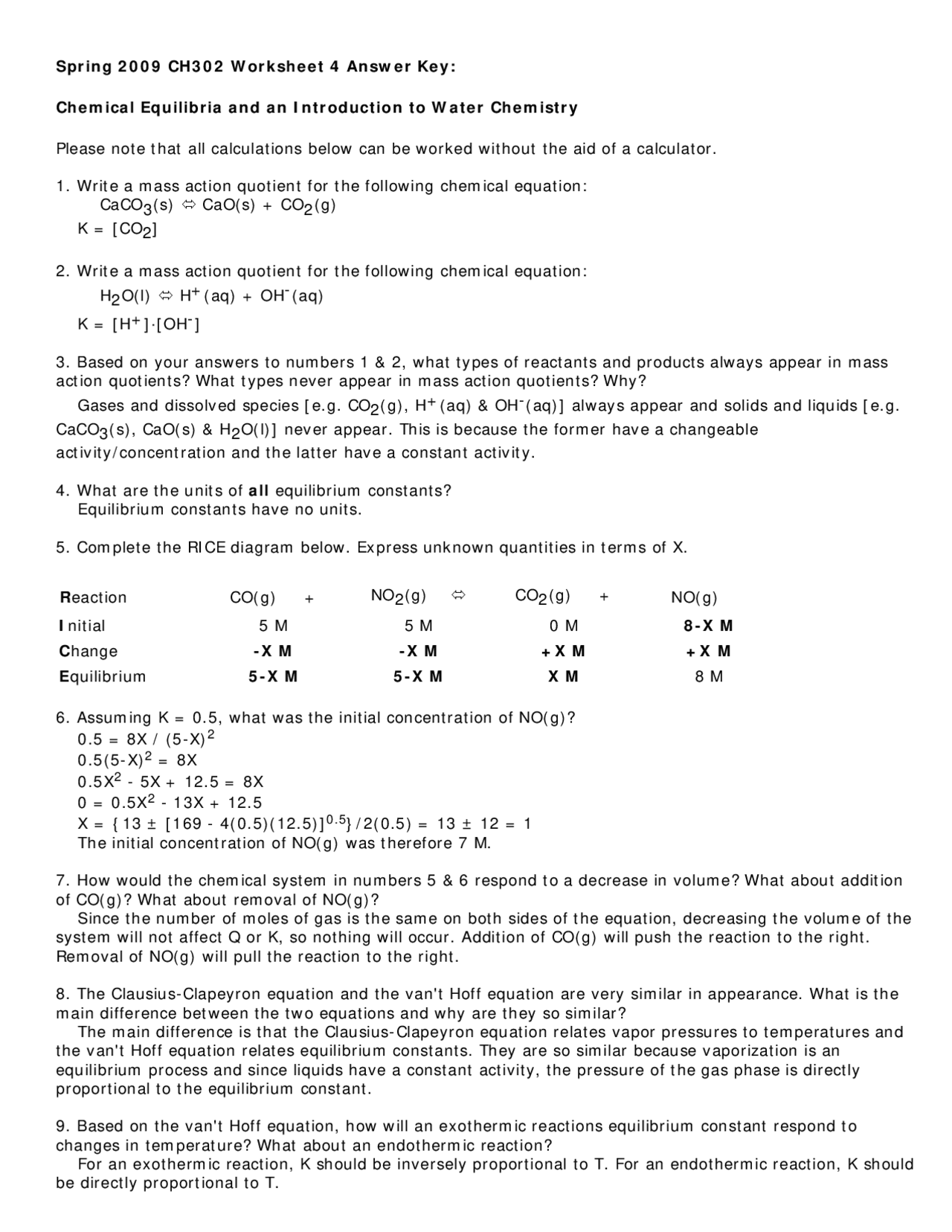 20 Questions With Answers On Chemical Equilibrium Assignment 4 Ch