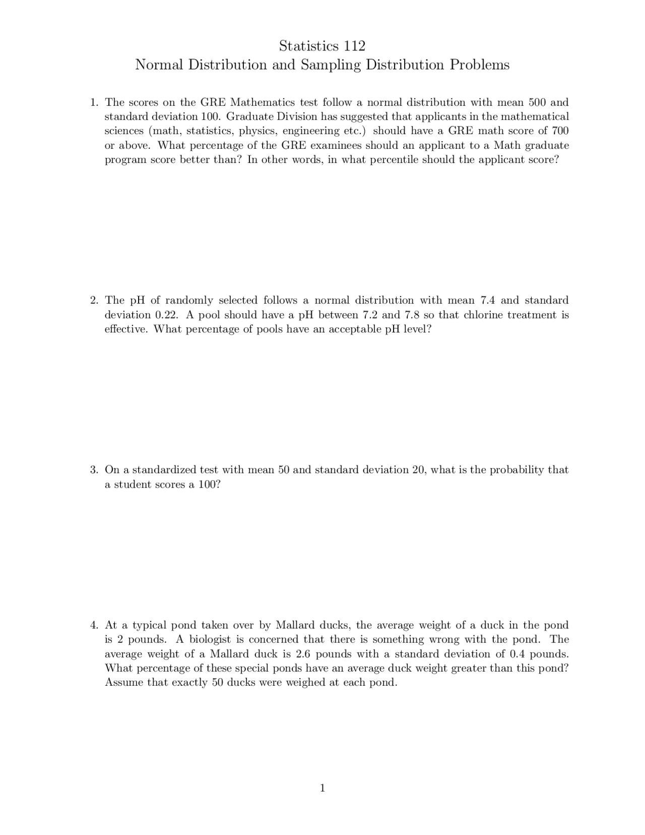 Normal Distribution And Sampling Distribution Problems Stats 10 Docsity