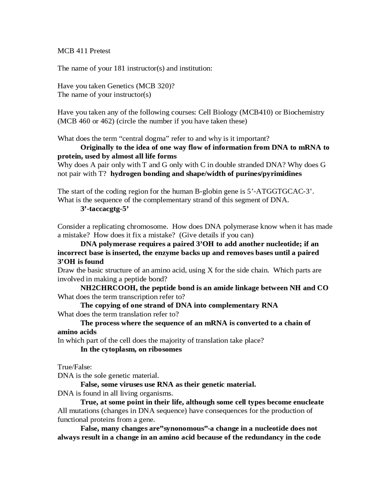Review Questions About Molecular Biology Mcb 411 Docsity
