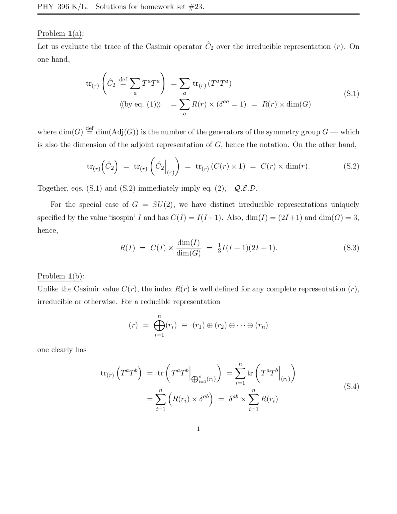 4 Solved Problems On Casimir Operator Homework Phy 396k Docsity