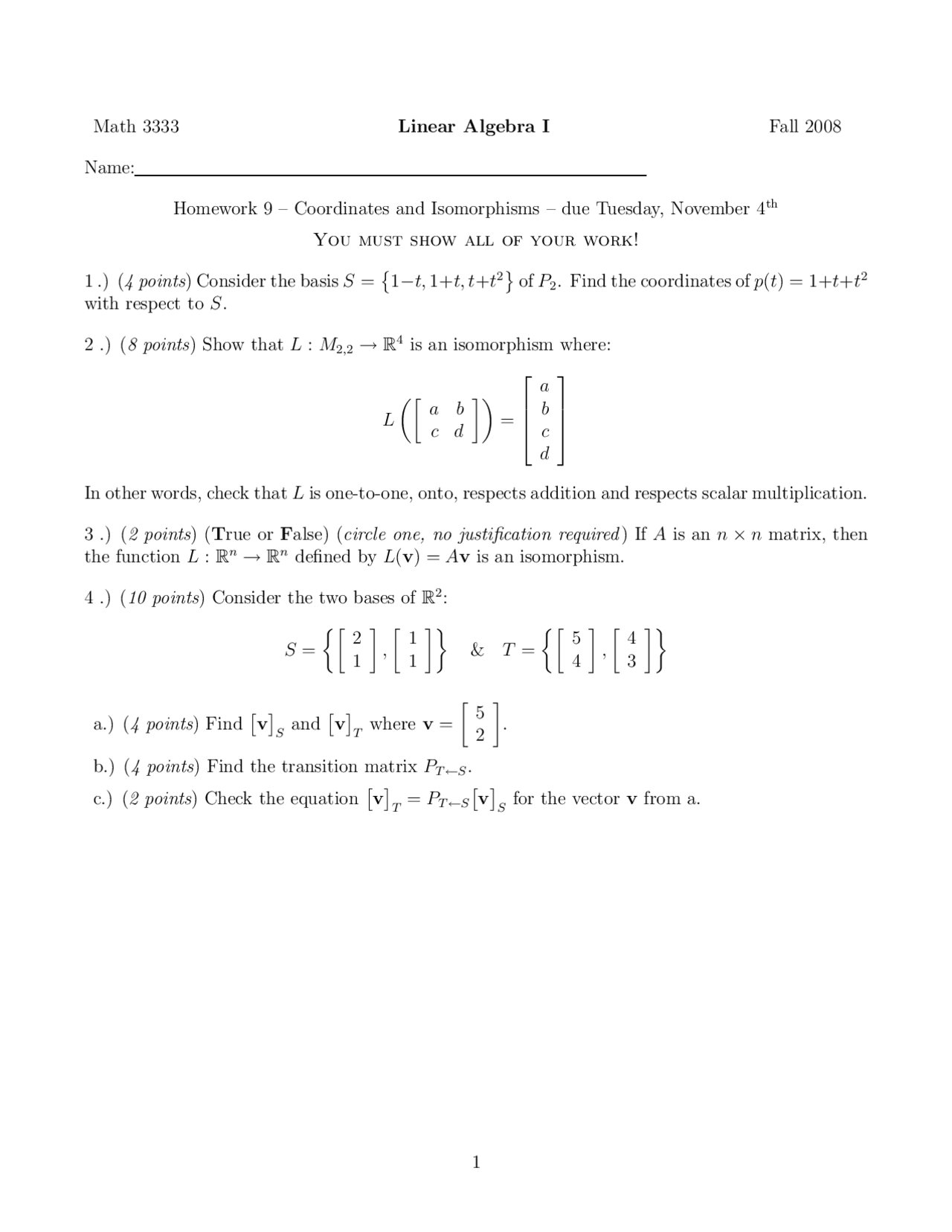 Questions on Linear Algebra I for Assignment 9 | MATH 3333 - Docsity