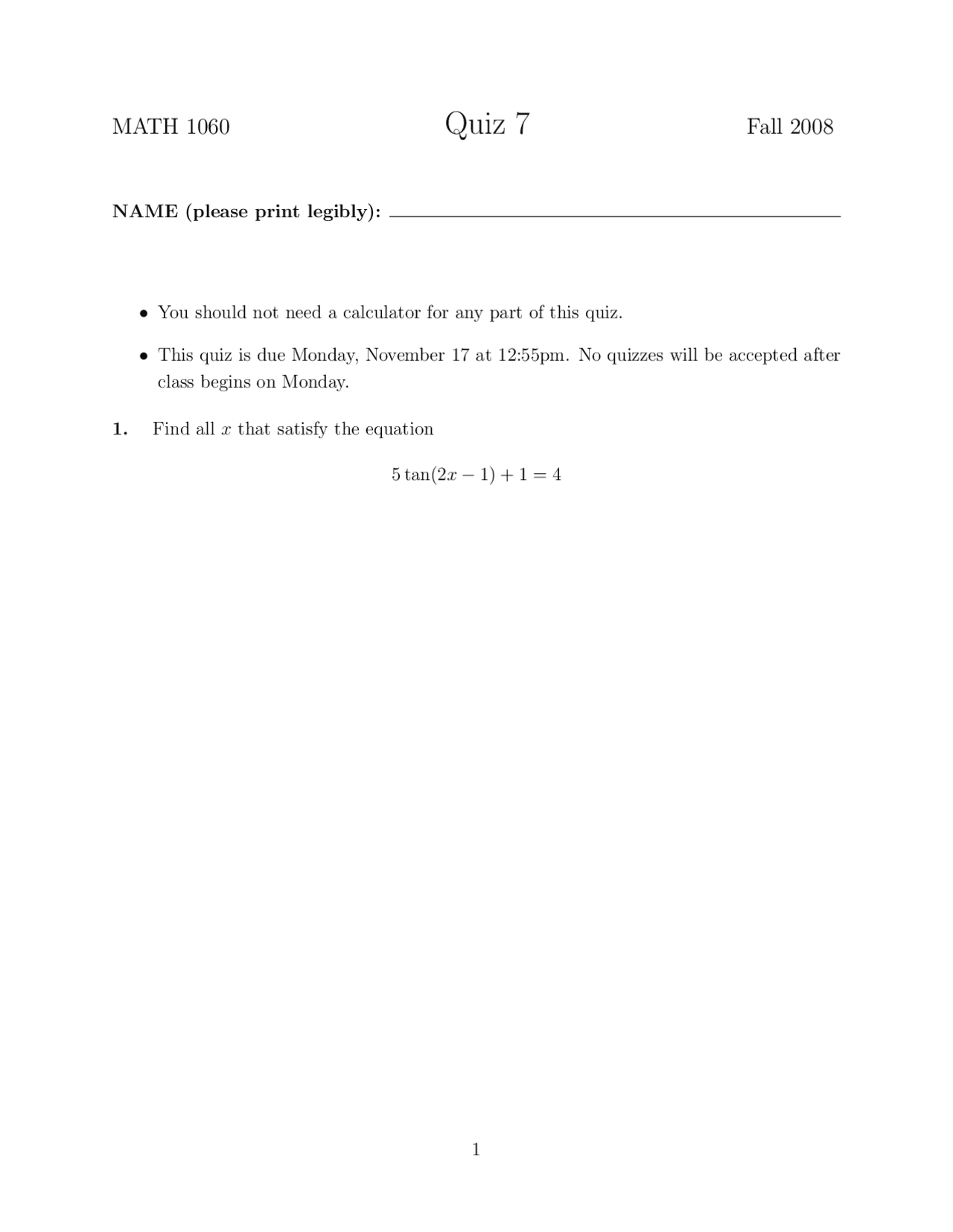 Practice Quiz 7 Trigonometry Fall 2008 Math 1060 Docsity
