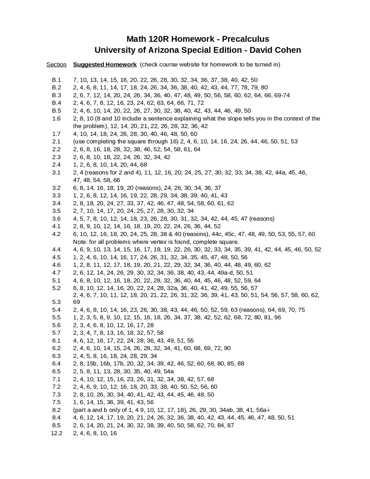 Calculus Preparation Suggested Homework Math 120r Docsity