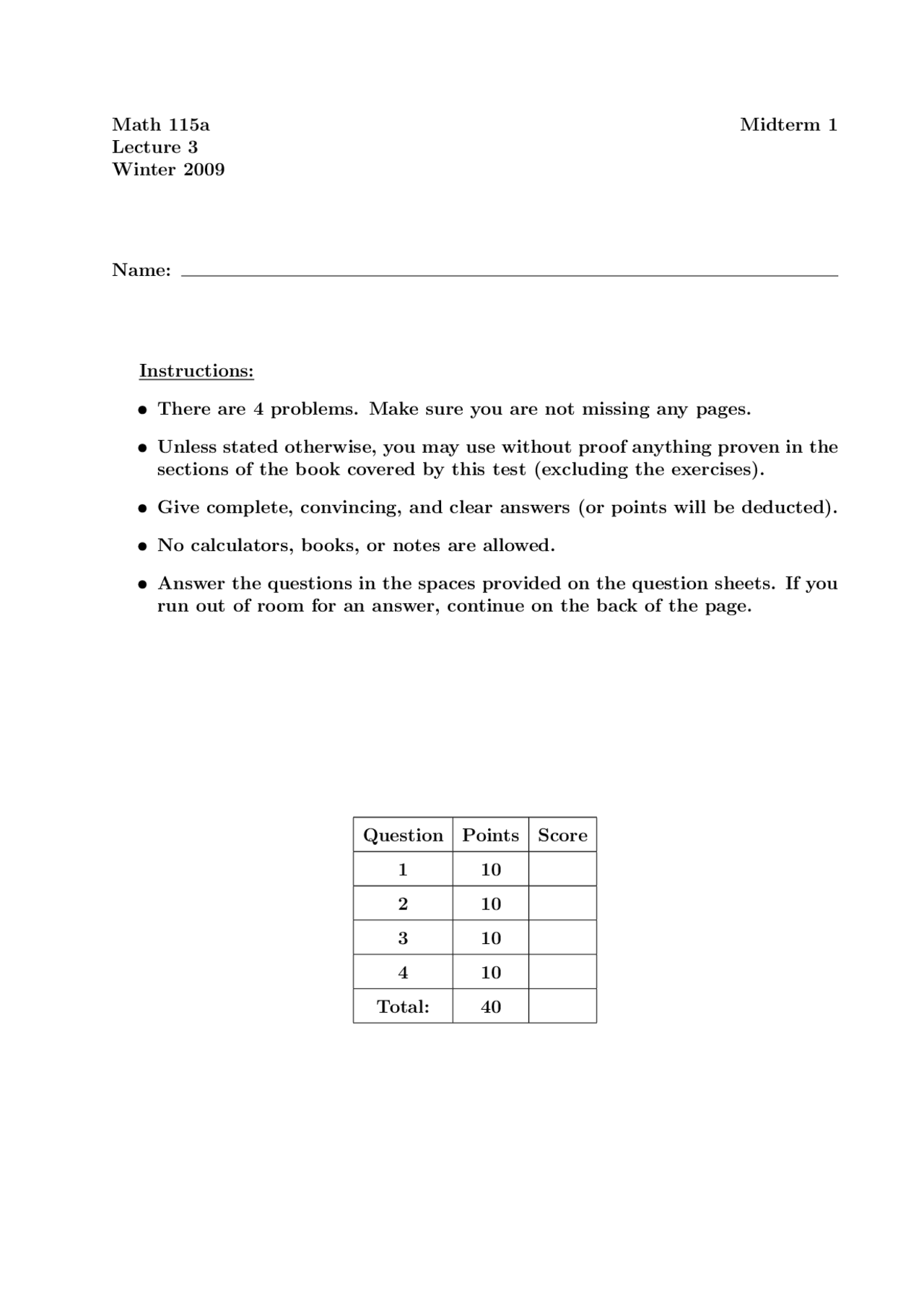 Midterm 1 Practice Problems - Linear Algebra | MATH 115A | Exams Linear Algebra | Docsity
