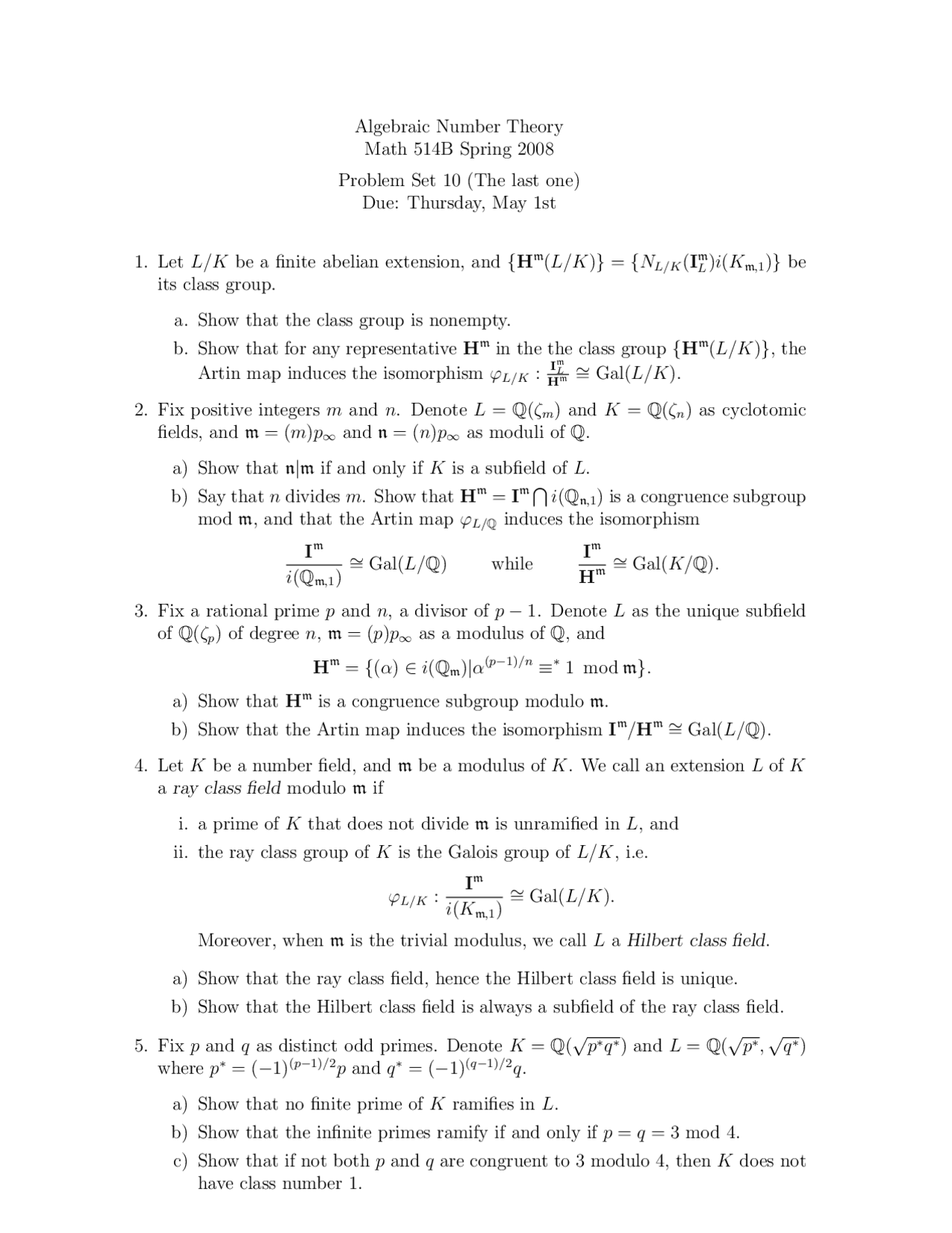 Algebraic Number Theory Problem Set 10 Math 514a Docsity