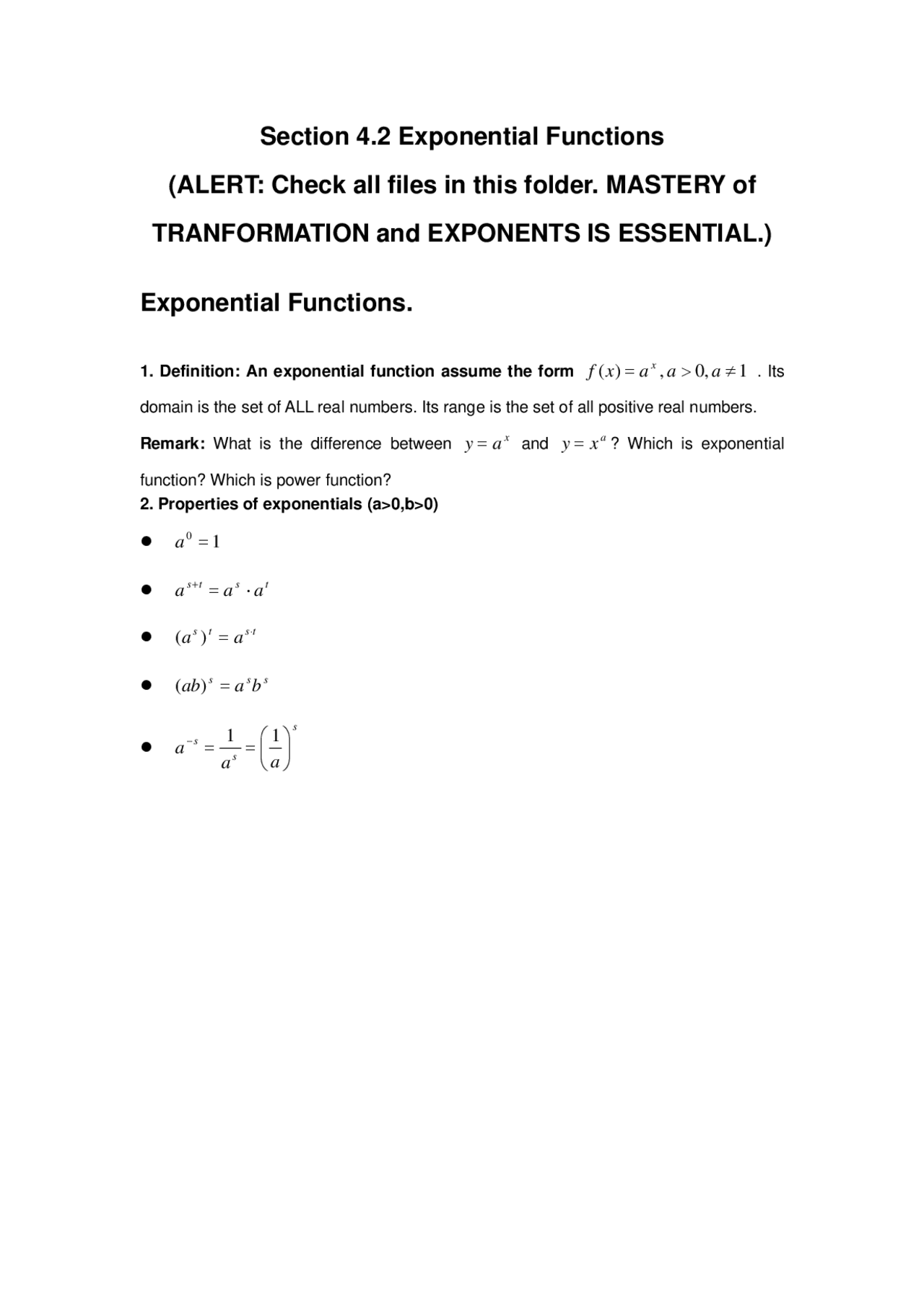 Exponential Functions Lecture Notes Mac 1140 Docsity