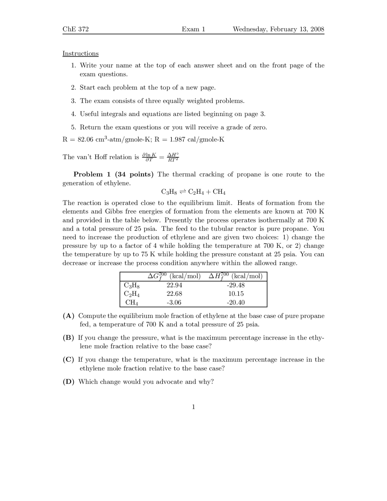3 Problems Of Chemical Reactor Analysis And Design Exam 1 Che 372