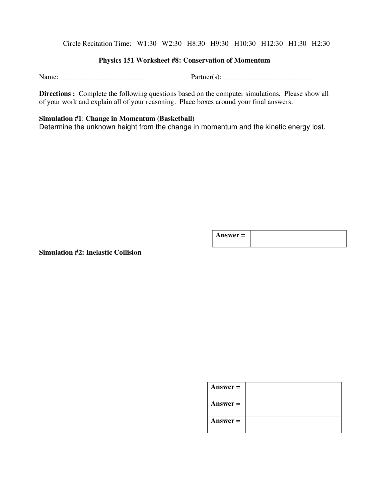Worksheet 8 Conservation Of Momentum Phys 151 Docsity
