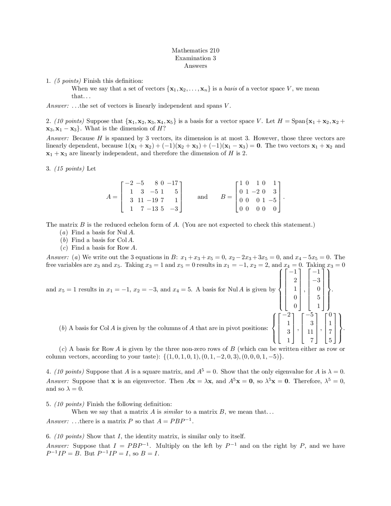 Exam 3 Questions Answers Linear Algebra Mt 210 Docsity