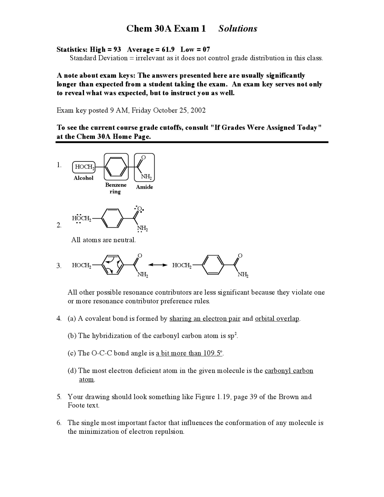 Exam 1 Solutions - Organic Chemistry I - Fall 2002 | CHEM 30A - Docsity