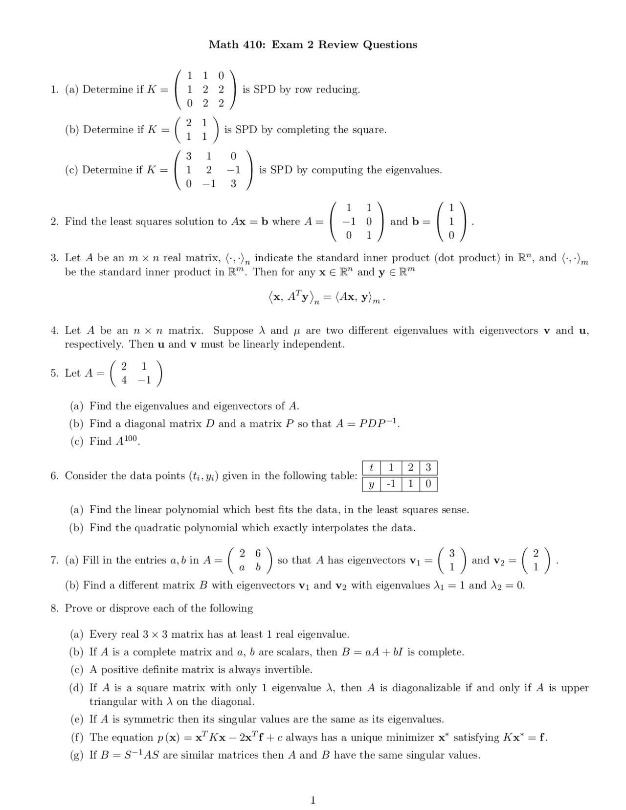 Exam 2 Eight Review Questions - Matrix Analysis | MATH 410 - Docsity